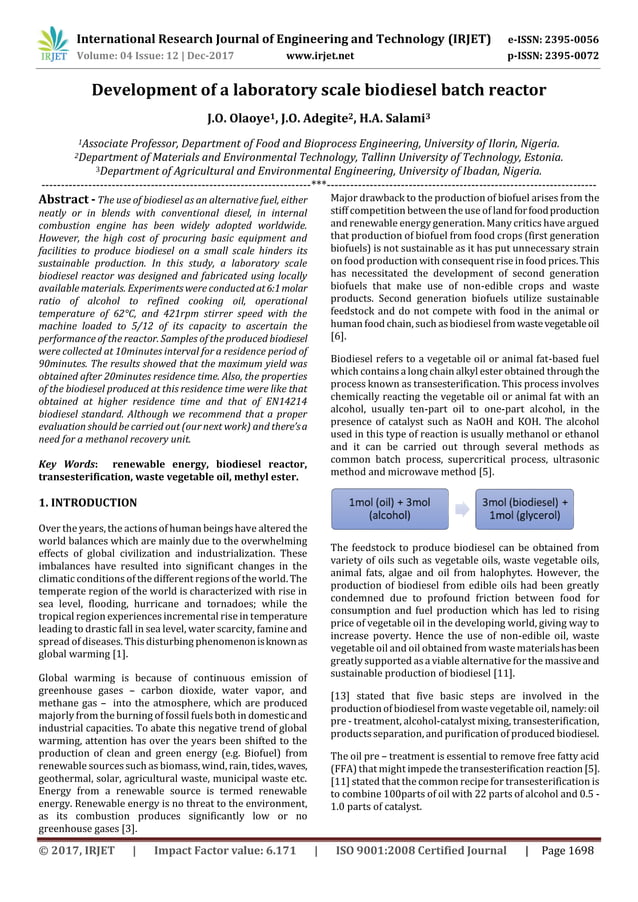 Development of a Laboratory Scale Biodiesel Batch Reactor | PDF | Agriculture | Industries