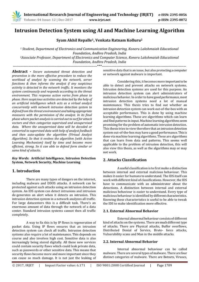 Intrusion Detection System using AI and Machine Learning Algorithm | PDF