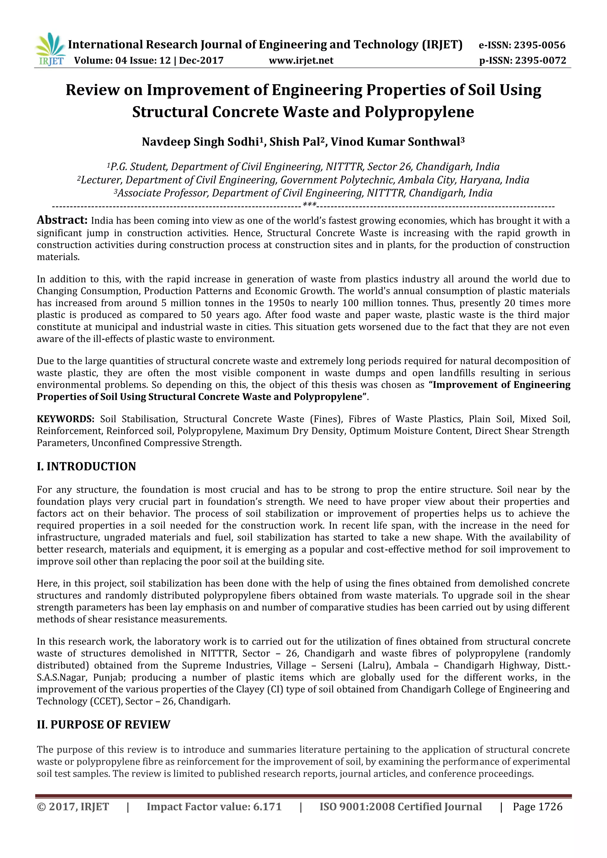 Review on Improvement of Engineering Properties of Soil using ...