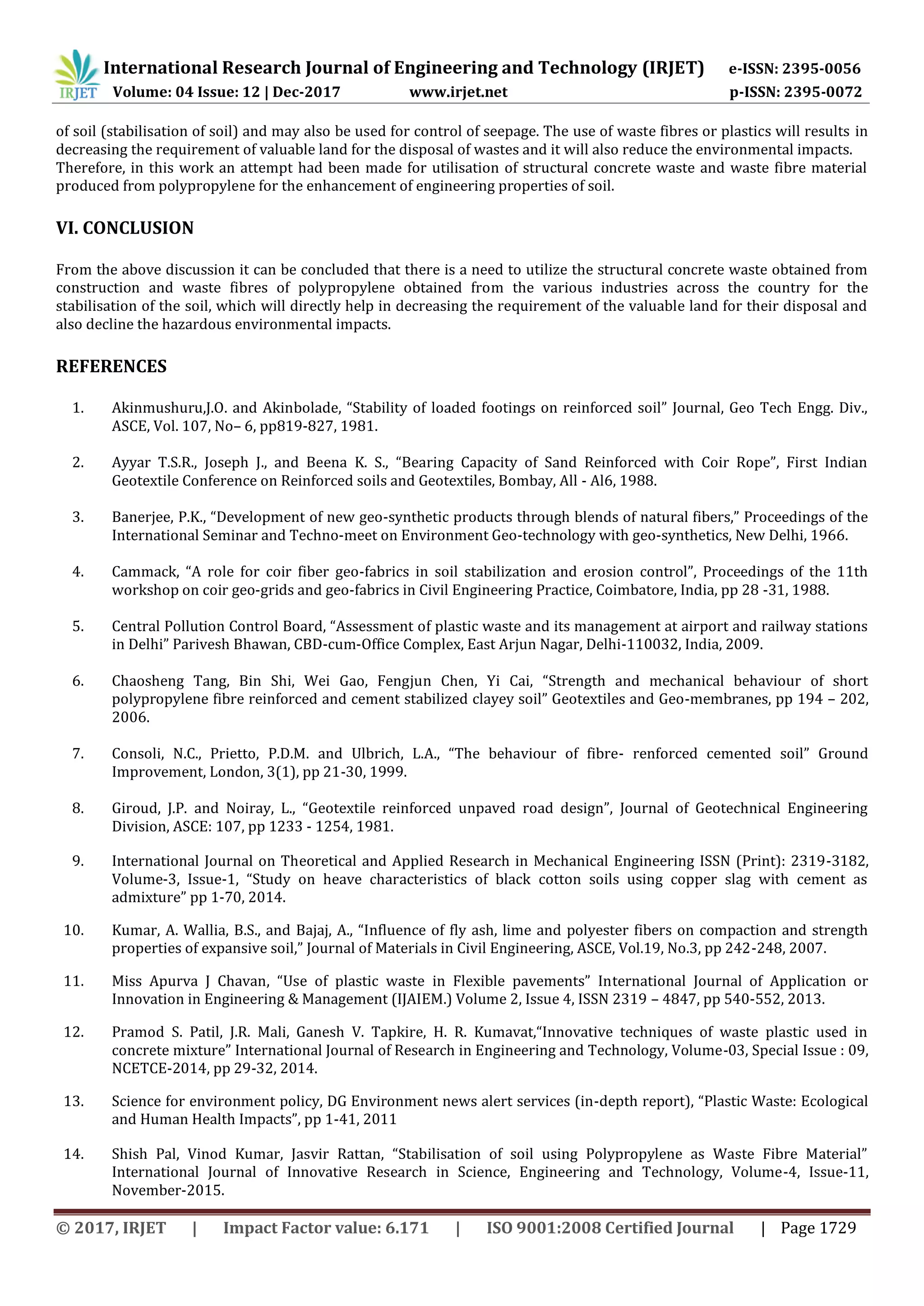 Review on Improvement of Engineering Properties of Soil using ...
