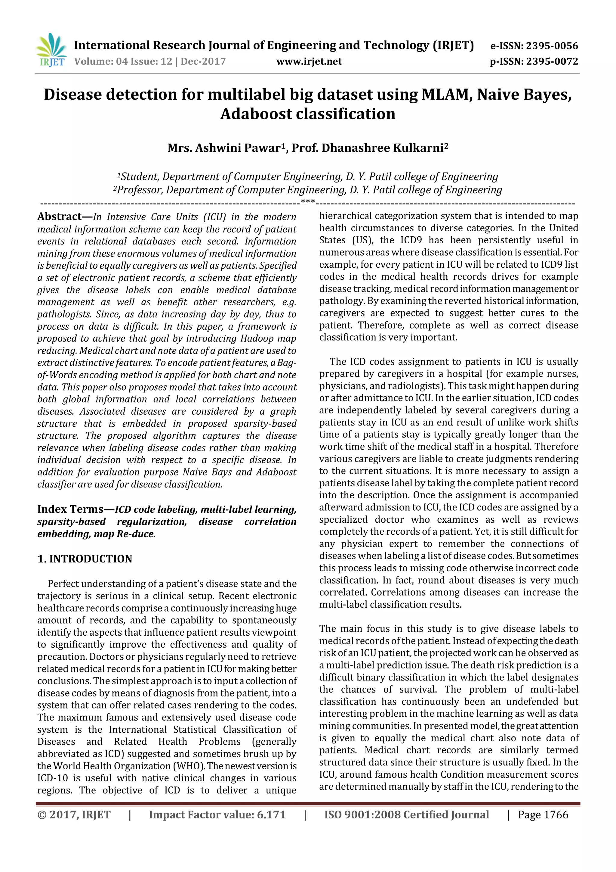 Disease detection for multilabel big dataset using MLAM, Naive Bayes, Adaboost Classification | PDF