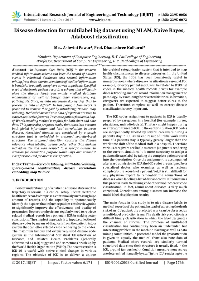 Disease detection for multilabel big dataset using MLAM, Naive Bayes, Adaboost Classification | PDF