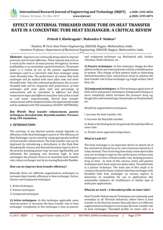 Irjet v4 i12326Effect of External Threaded Inside Tube on Heat Transfer ...