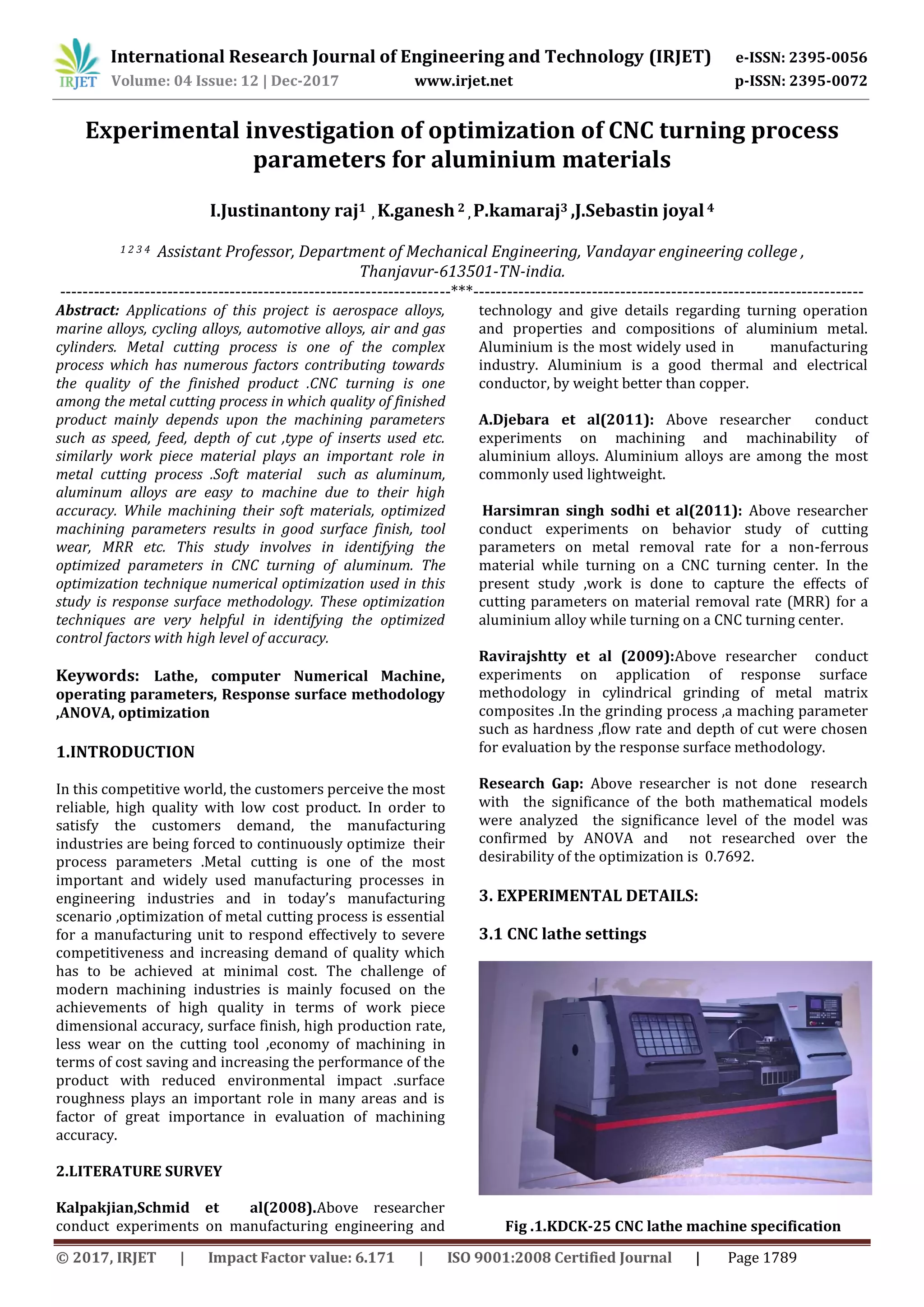 Experimental Investigation Of Optimization Of Cnc Turning Process Parameters For Aluminium