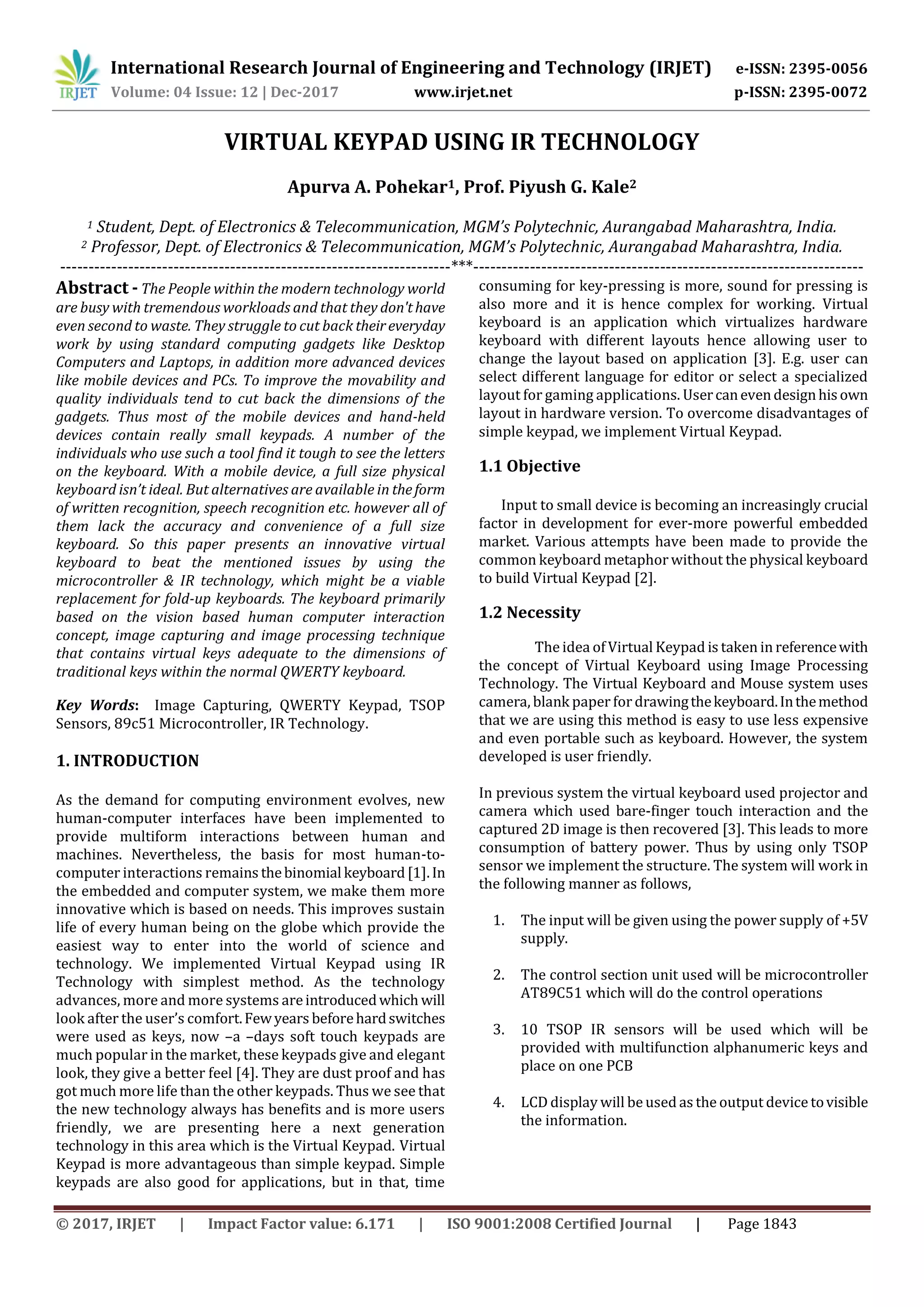 Virtual Keypad using IR Technology | PDF