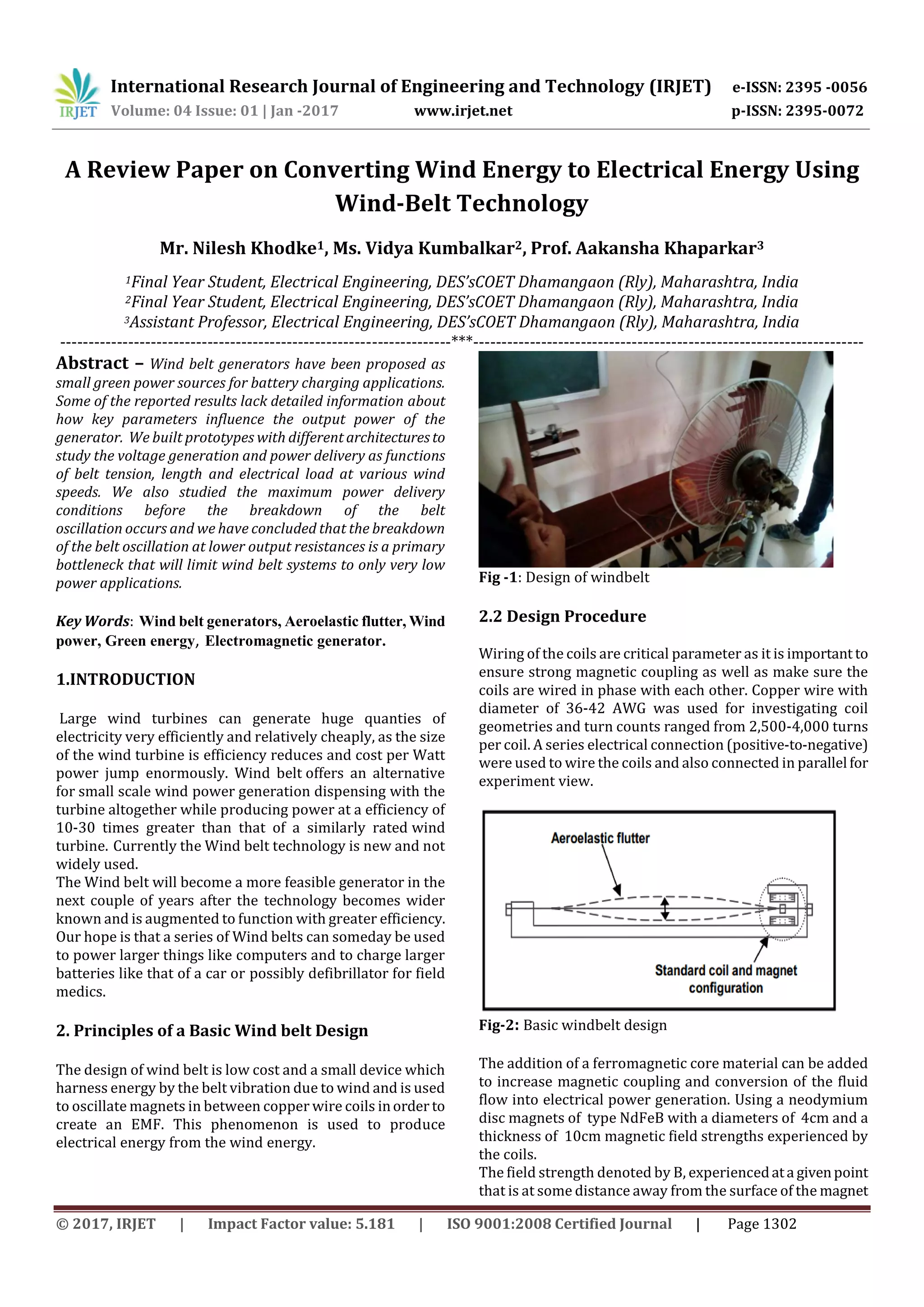 A Review Paper on Converting Wind Energy to Electrical Energy using Wind-Belt Technology | PDF ...