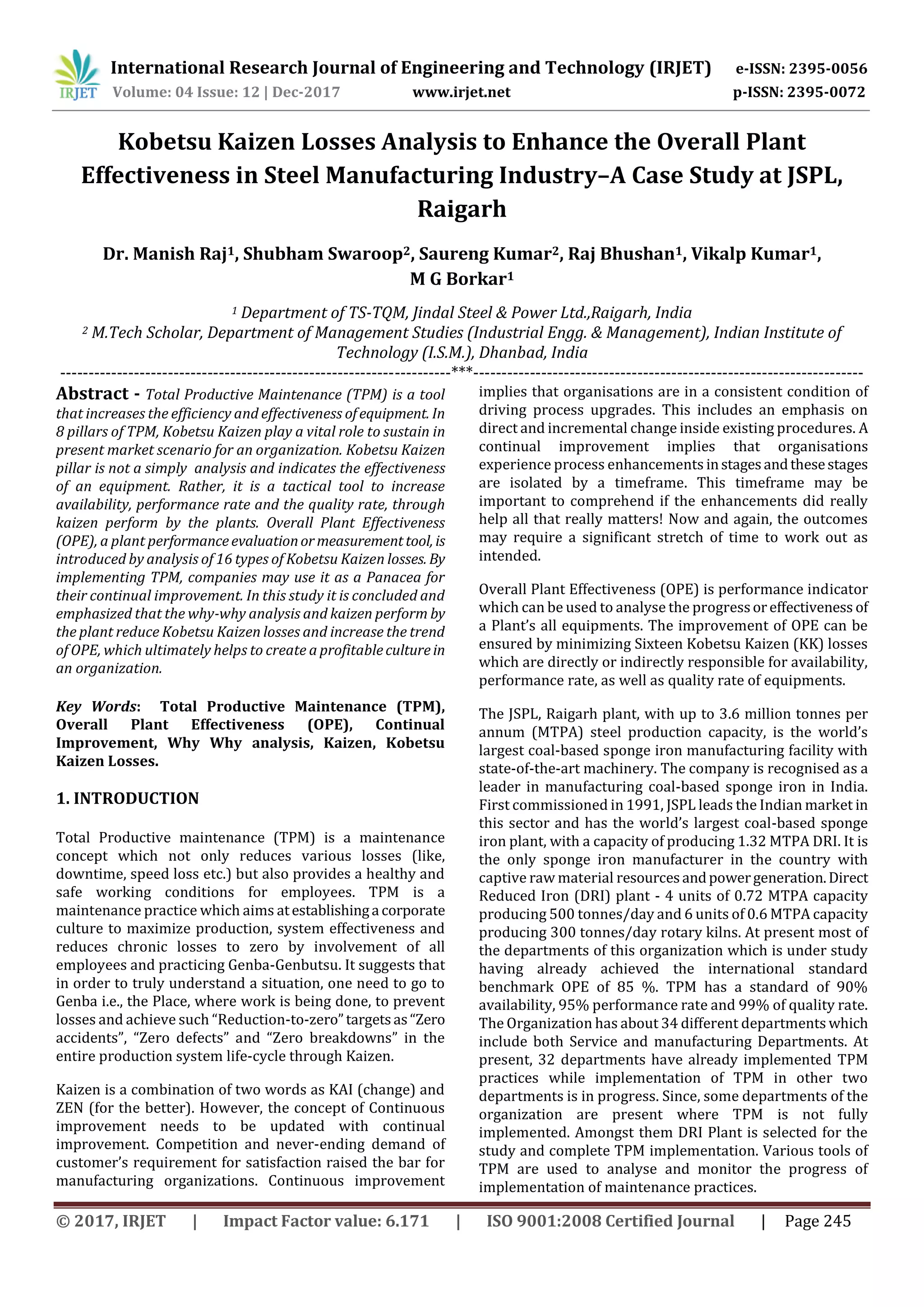 Kobetsu Kaizen Losses Analysis to Enhance the Overall Plant ...