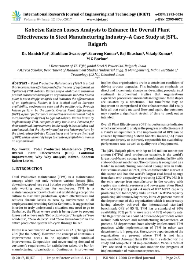 Kobetsu Kaizen Losses Analysis to Enhance the Overall Plant ...