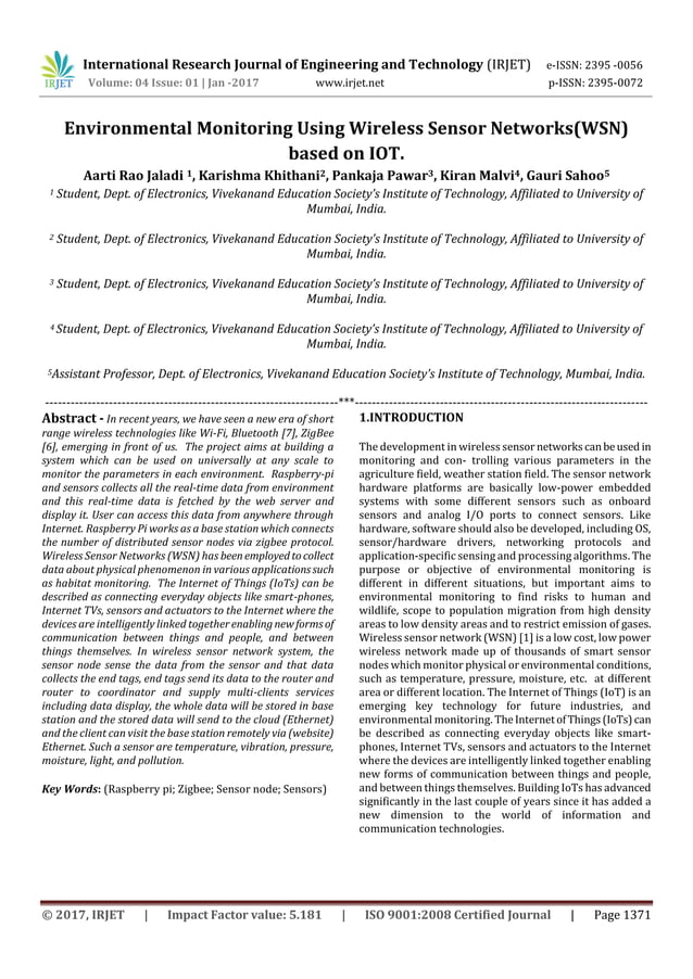 Environmental Monitoring using Wireless Sensor Networks (WSN) based on IOT. | PDF | Internet of ...