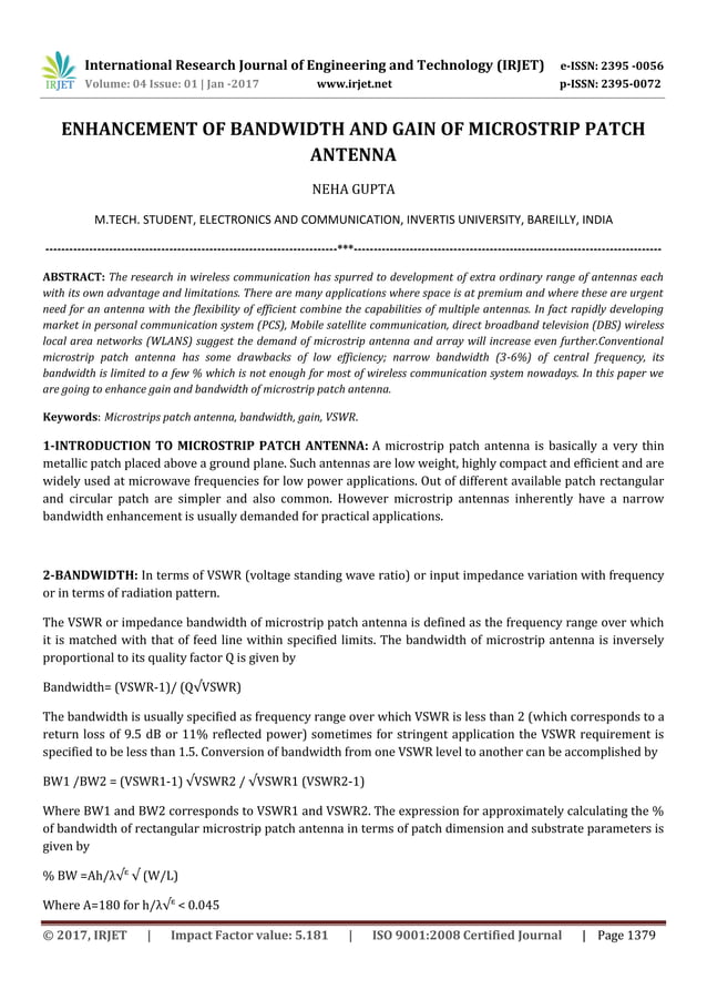Enhancement Of Bandwidth and Gain Of Microstrip Patch Antenna | PDF | Physics | Science