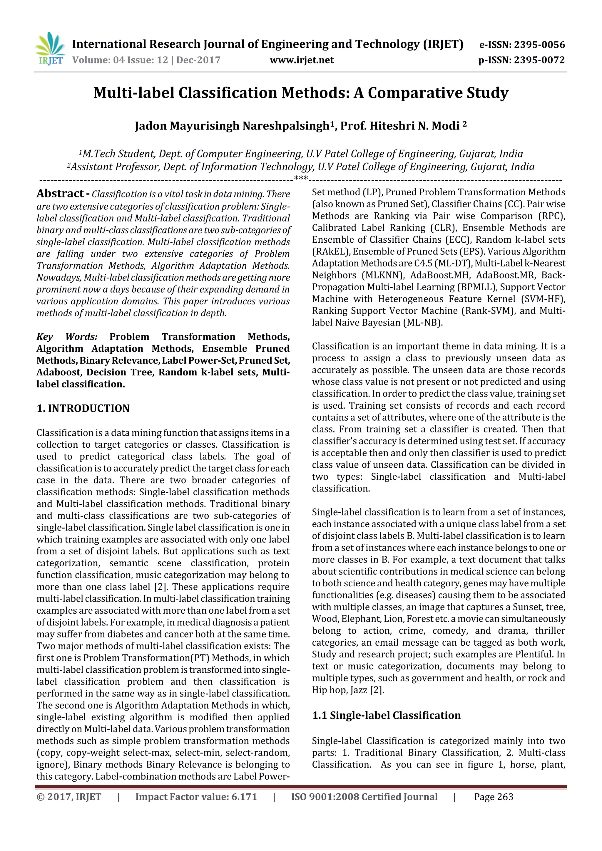 Multi-label Classification Methods: A Comparative Study | PDF