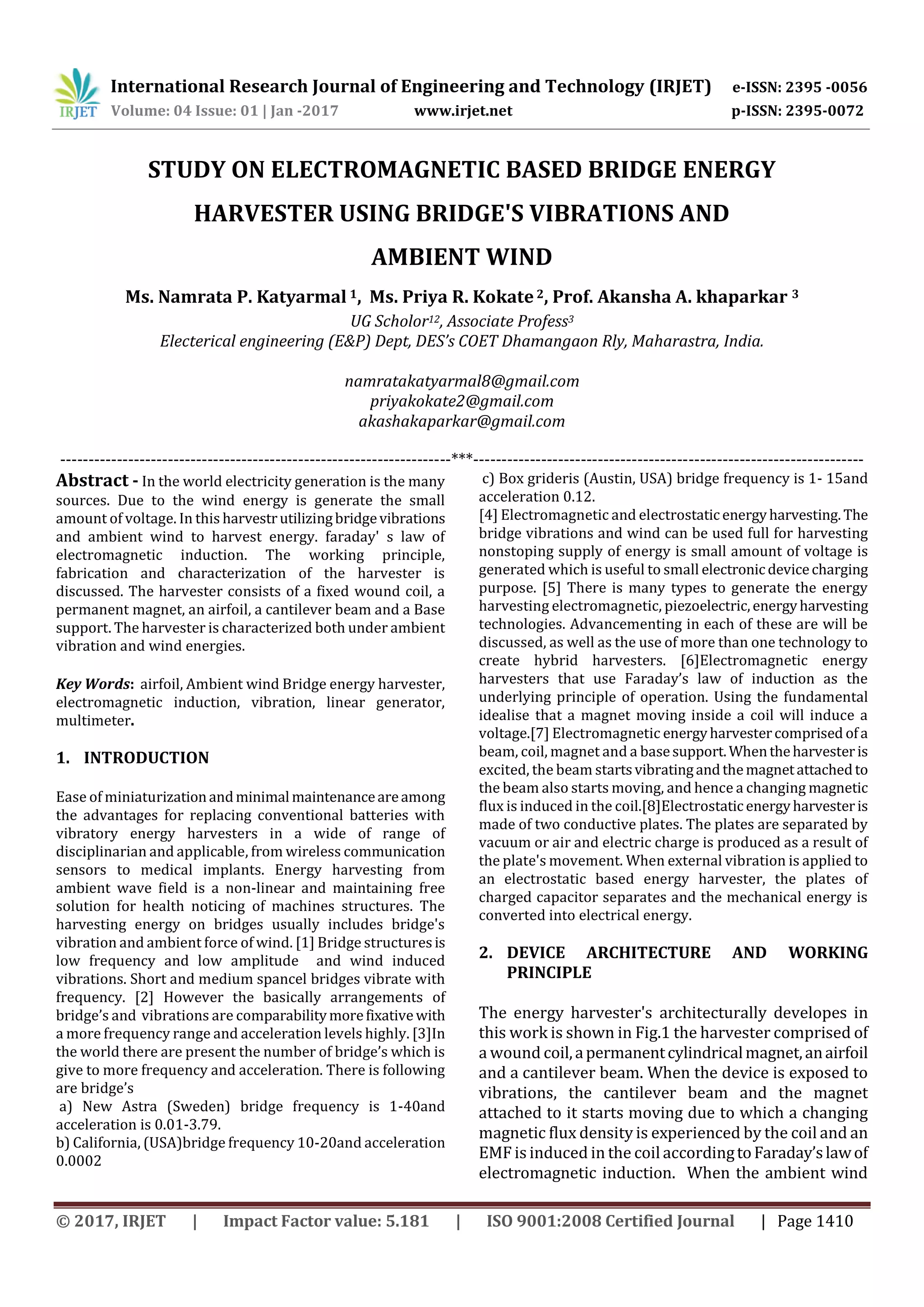 Study On Electromagnetic Based Bridge Energy Harvester Using Bridge's ...