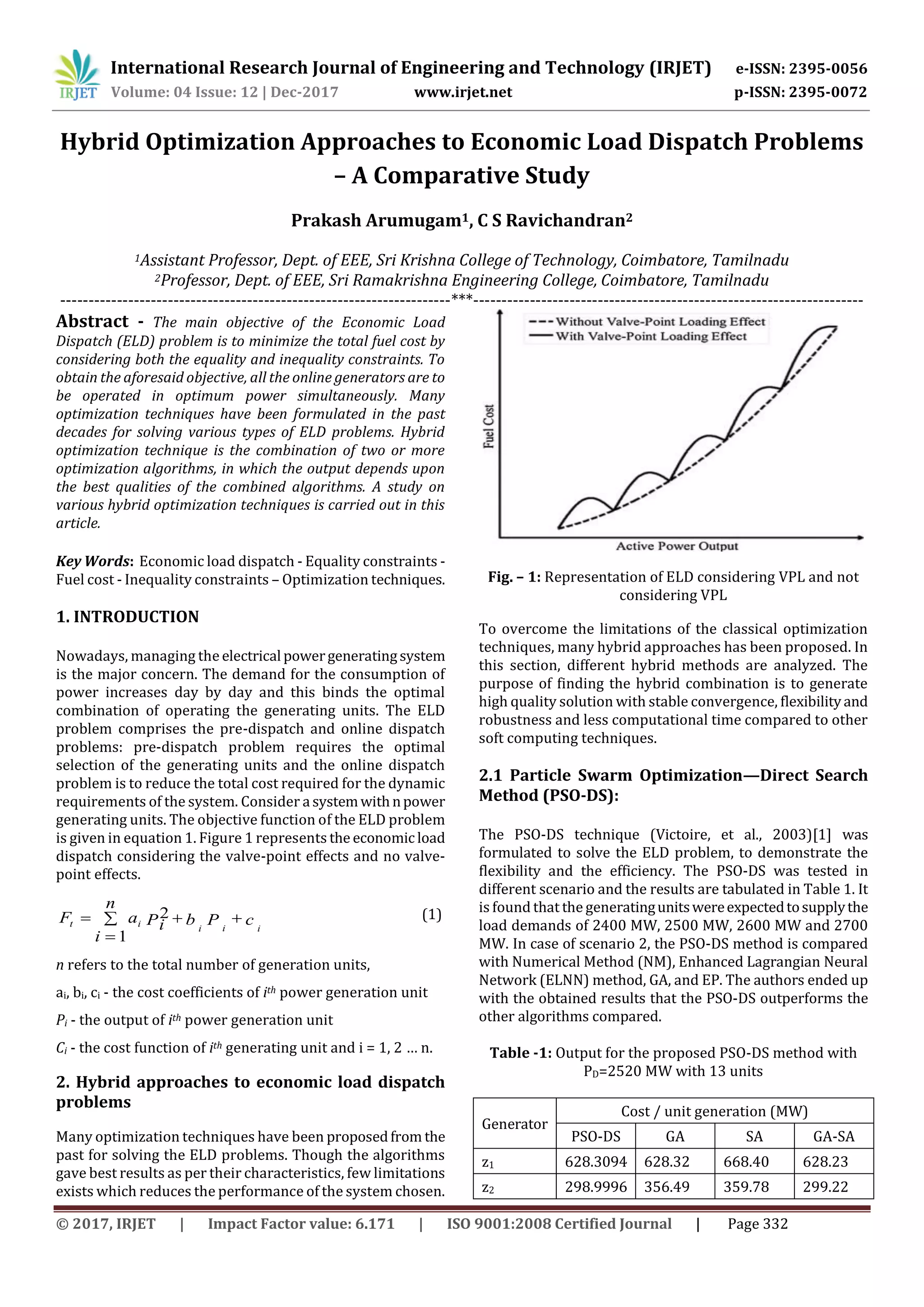 Hybrid Optimization Approaches to Economic Load Dispatch Problems – A Comparative Study | PDF