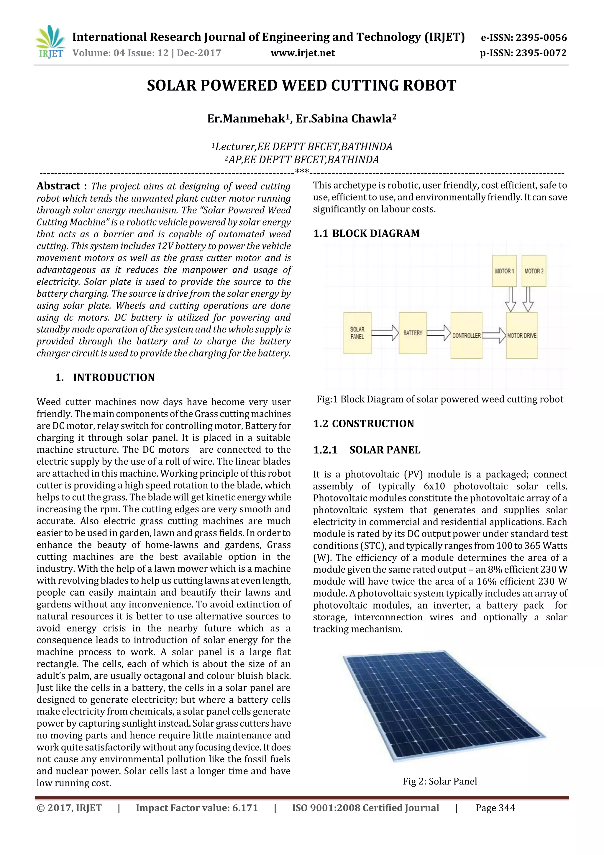 Solar Powered Weed Cutting Robot | PDF