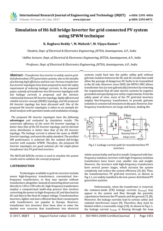 Simulation Of H6 Full Bridge Inverter For Grid Connected Pv System Using Spwm Technique Pdf