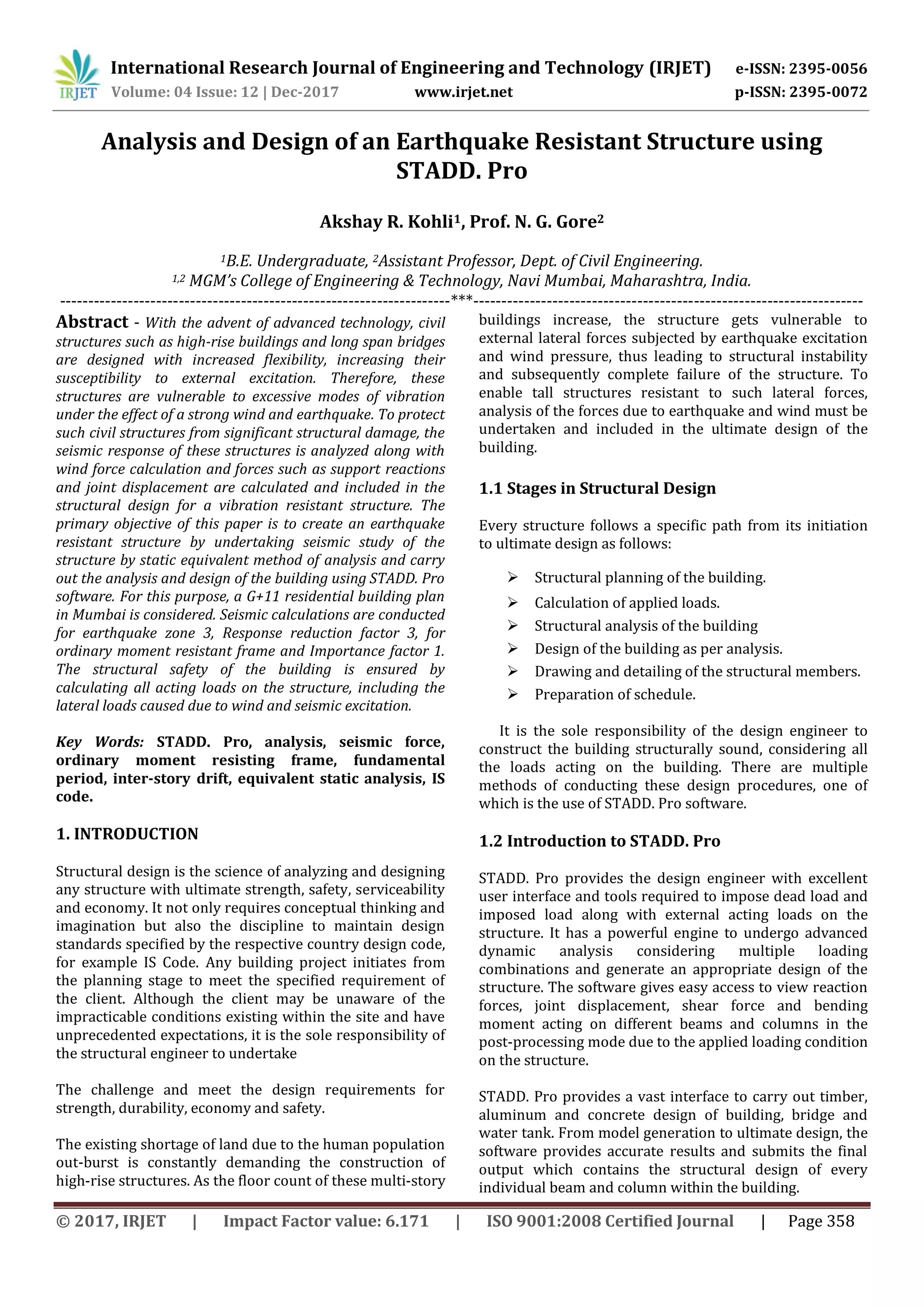 Analysis and Design of an Earthquake Resistant Structure using STADD. Pro | PDF