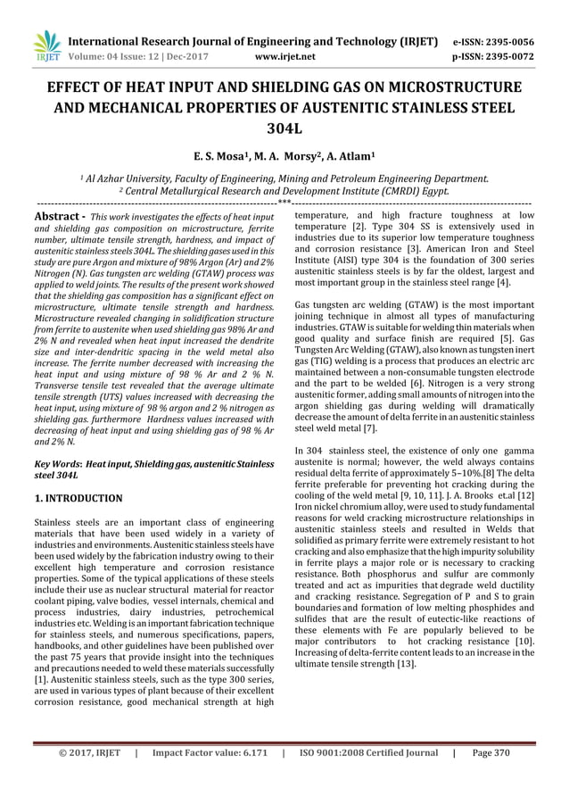 Effect of Heat Input and Shielding Gas on Microstructure and Mechanical Properties of Austenitic ...