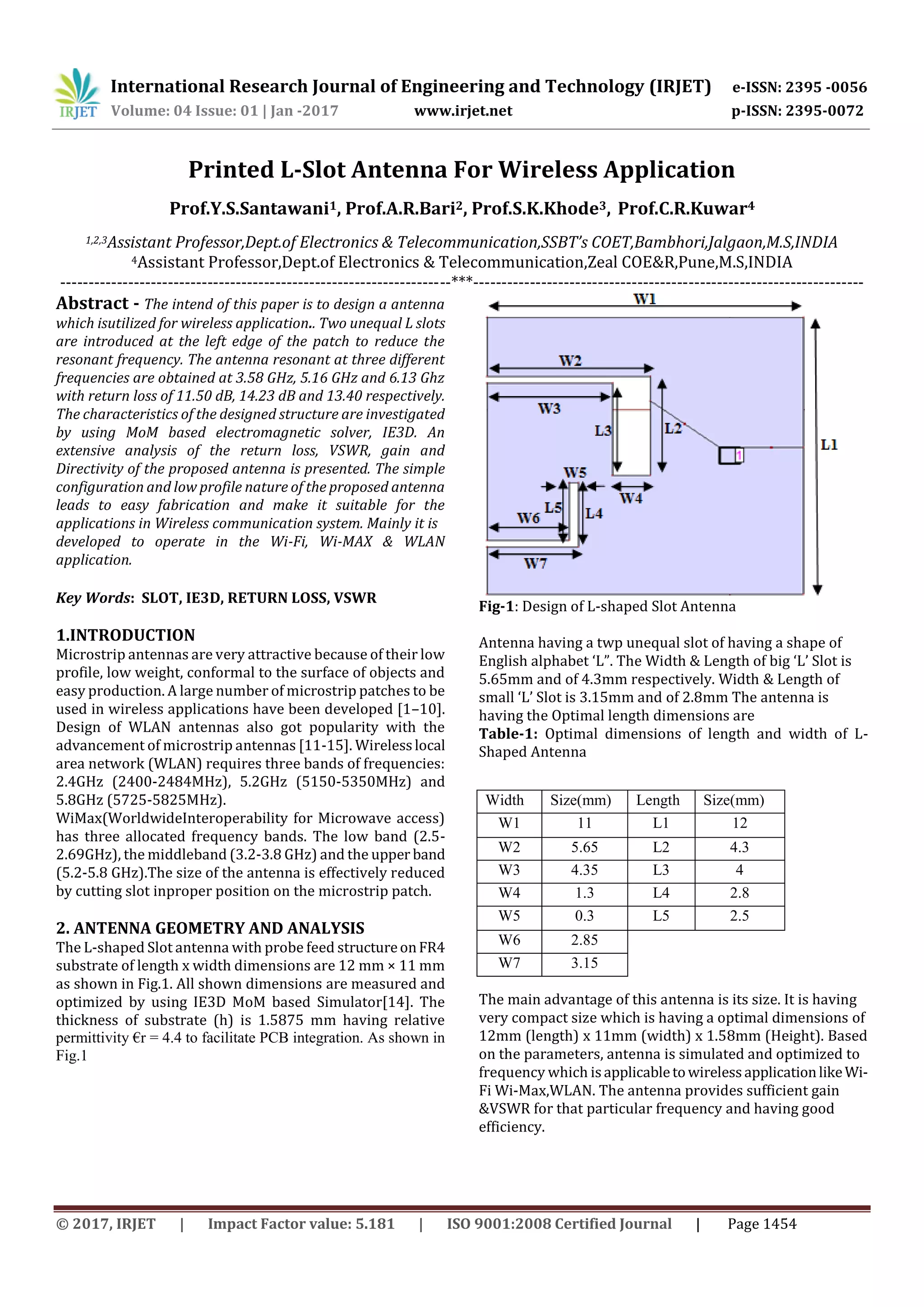Printed L-Slot Antenna for Wireless Application | PDF