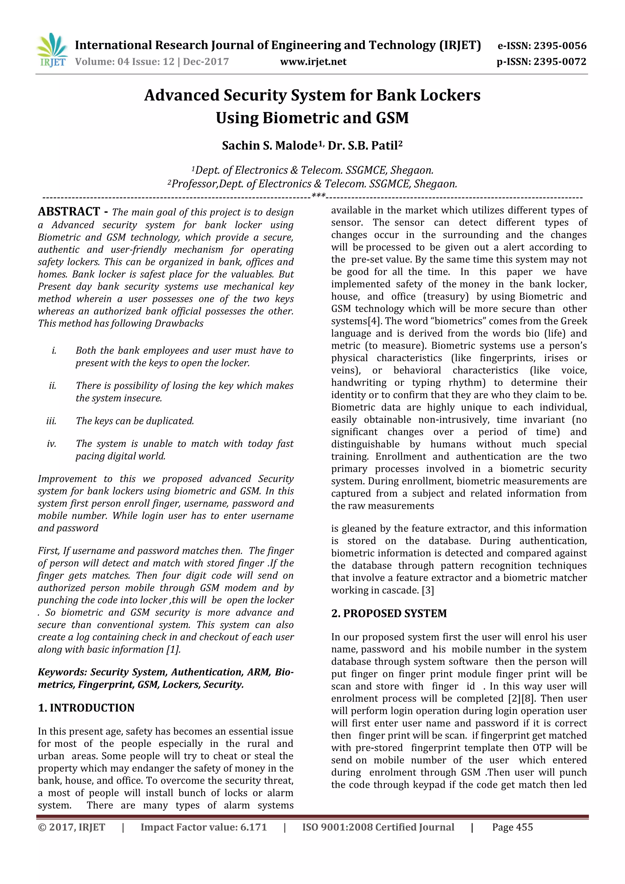 Advanced Security System For Bank Lockers Using Biometric And Gsm Pdf