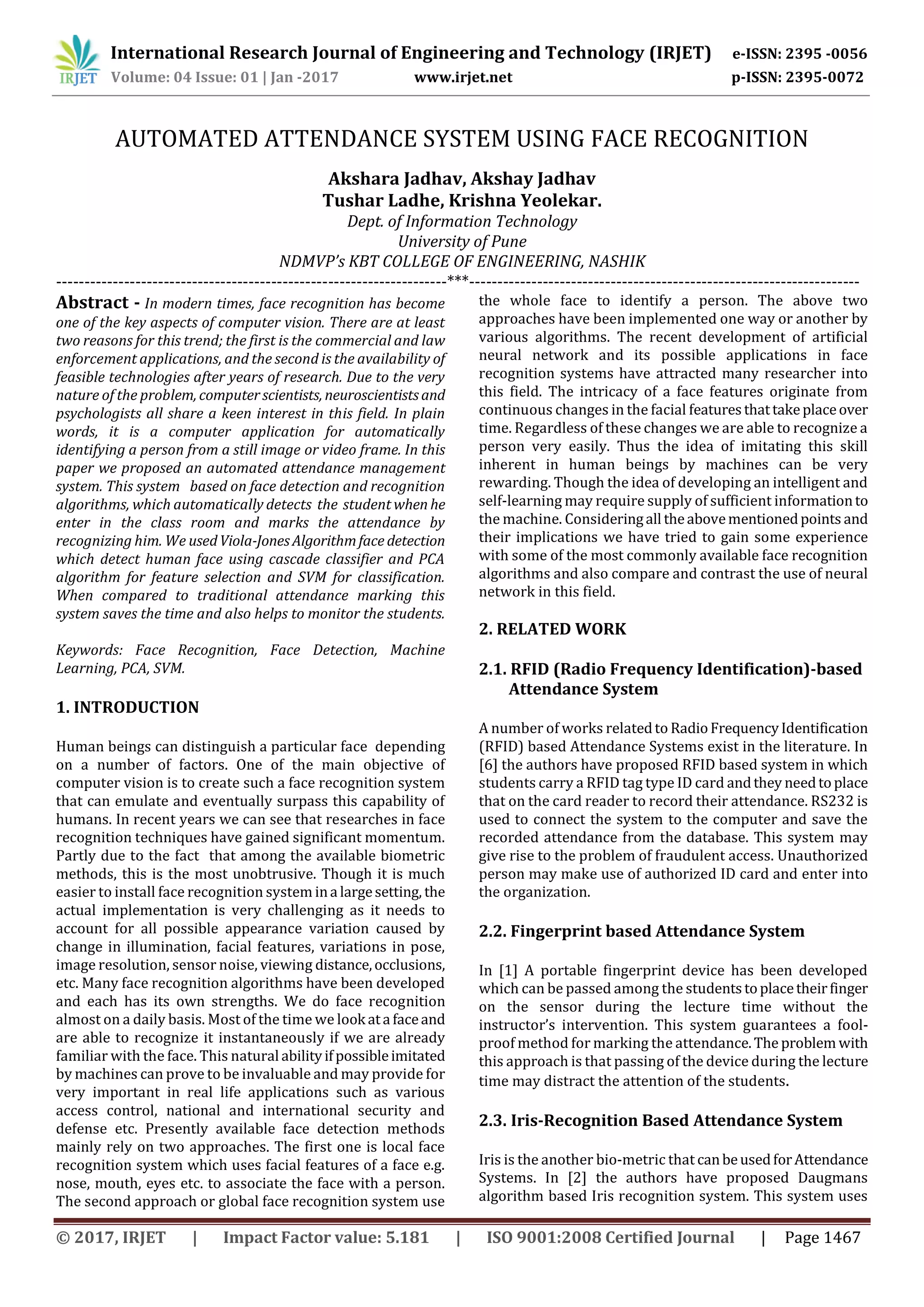 Automated attendance system using Face recognition | PDF Automated attendance system using Face recognition | PDF