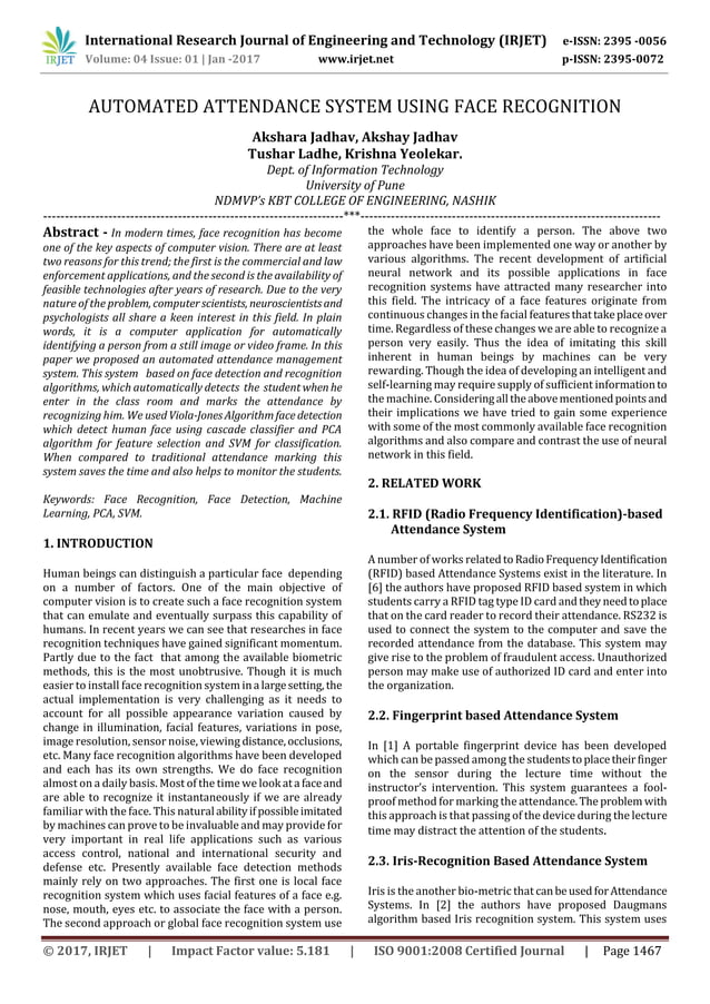 Automated Attendance System Using Face Recognition Pdf