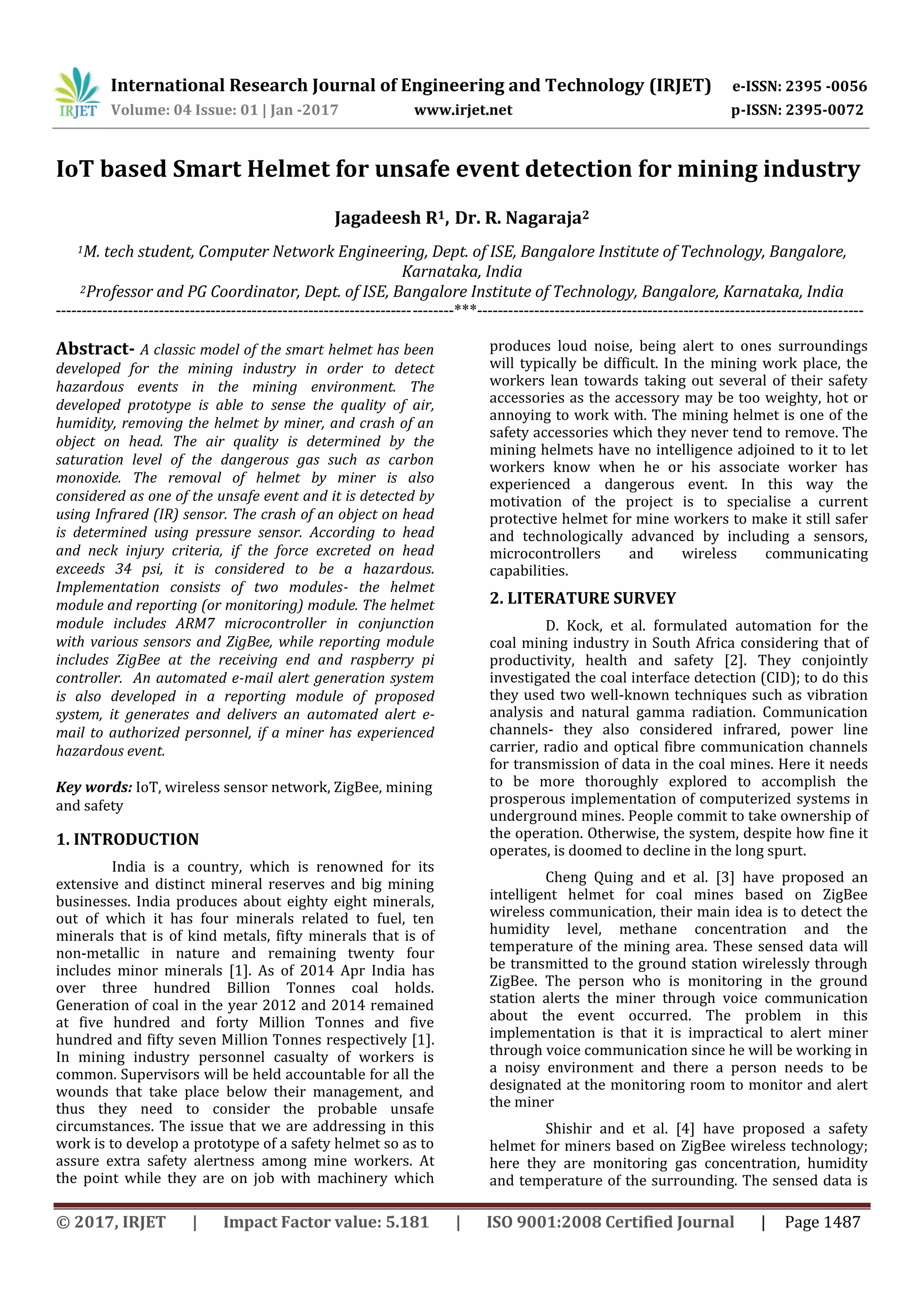 IoT based Smart Helmet for unsafe event detection for mining industry | PDF
