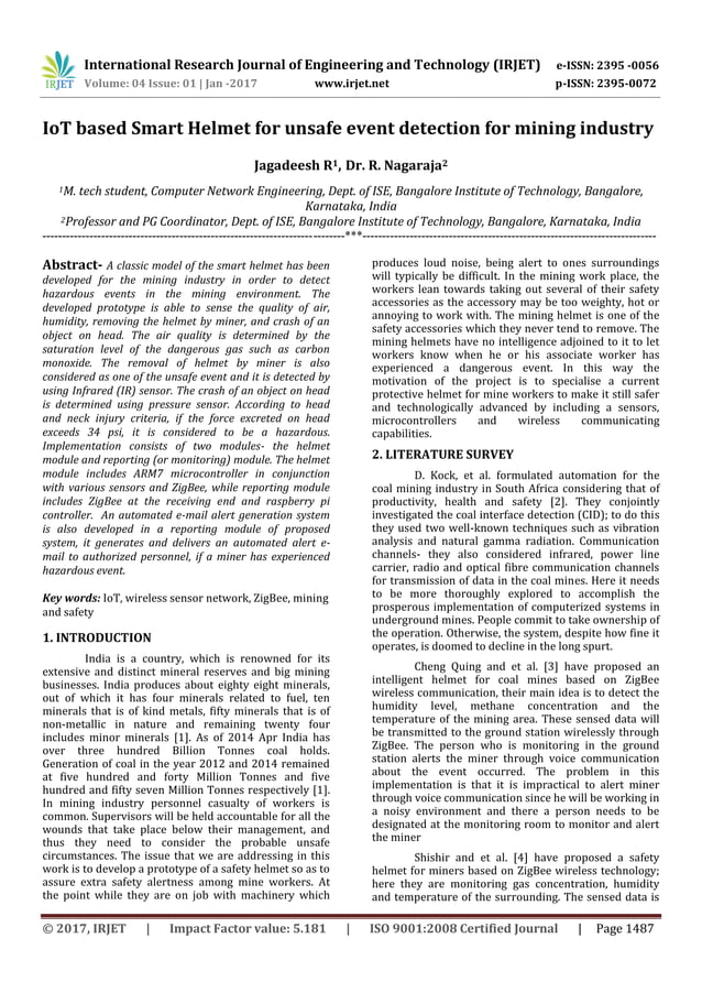 IoT based Smart Helmet for unsafe event detection for mining industry | PDF