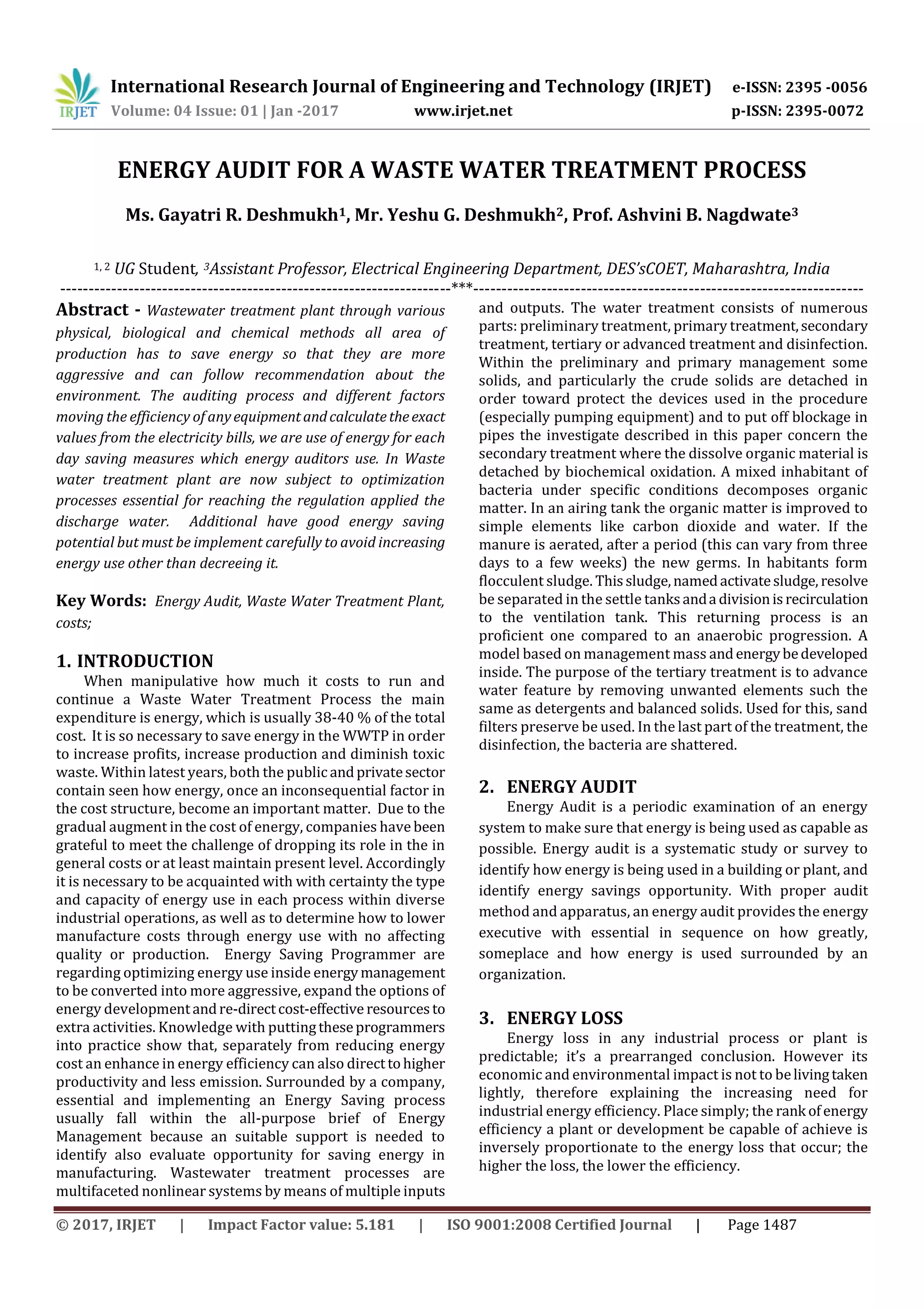 Energy audit for a waste water treatment process | PDF