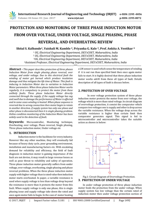 Protection and monitoring of three phase induction motor from over voltage, under voltage ...