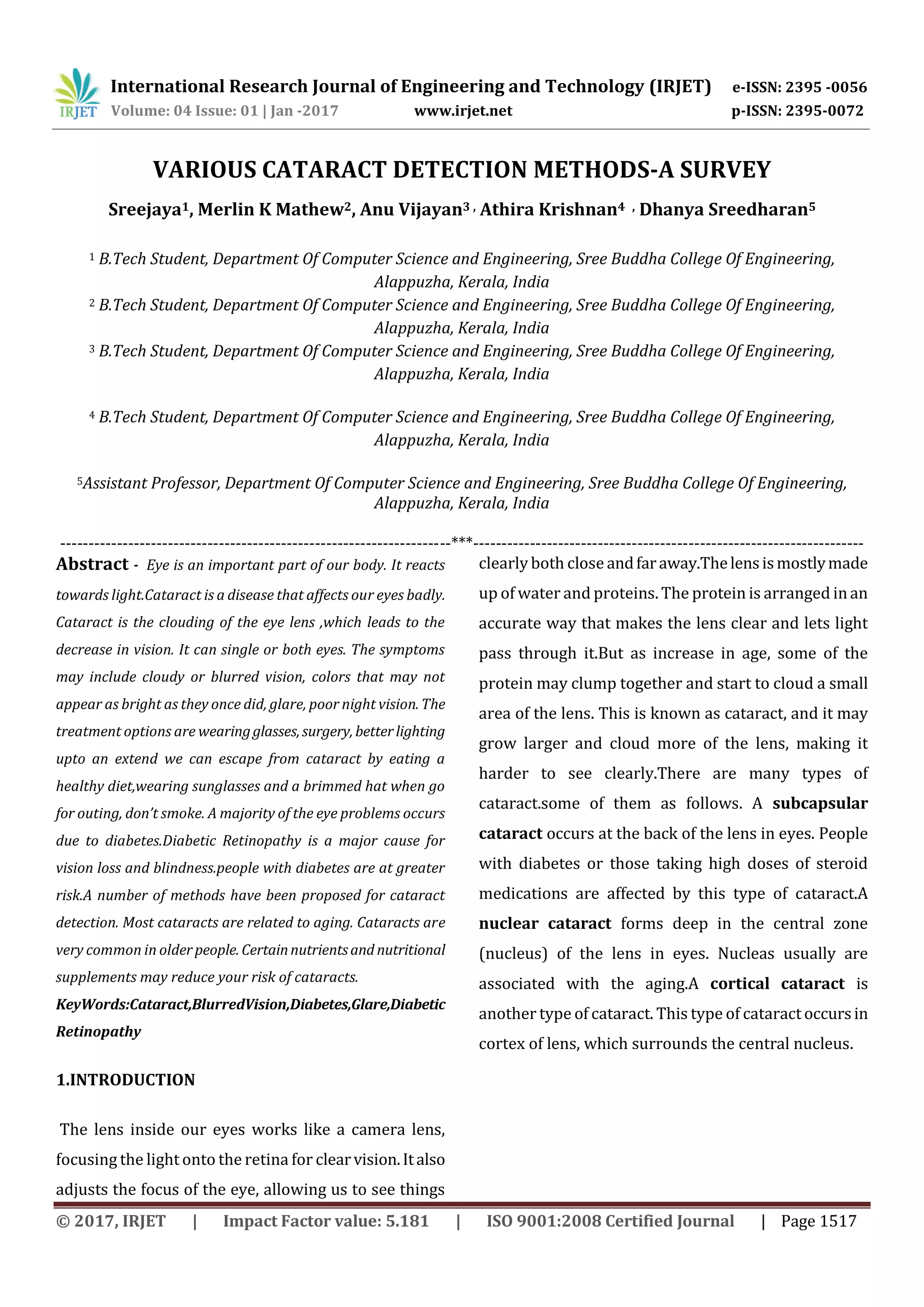 Various cataract detection methods-A survey | PDF