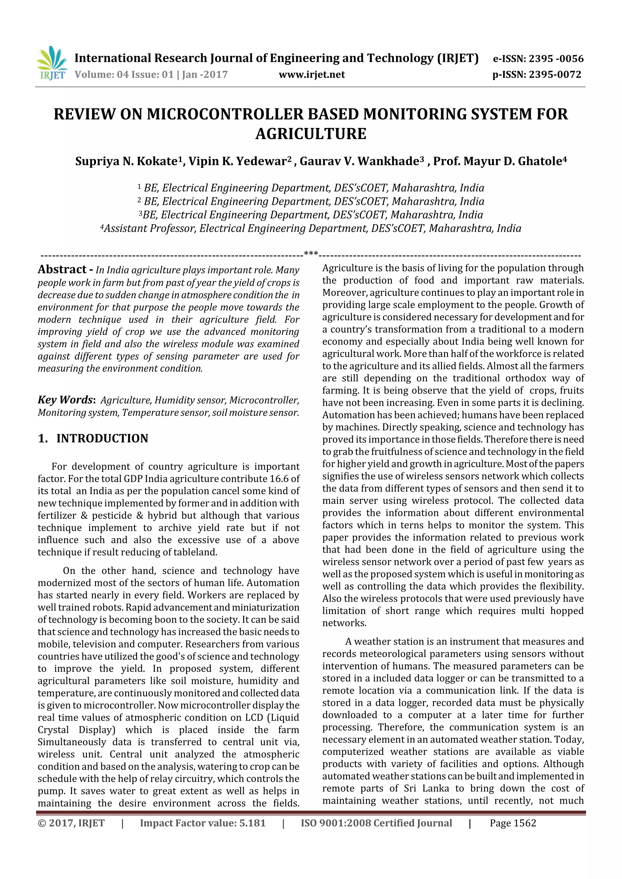Review on microcontroller based monitoring system for agriculture | PDF