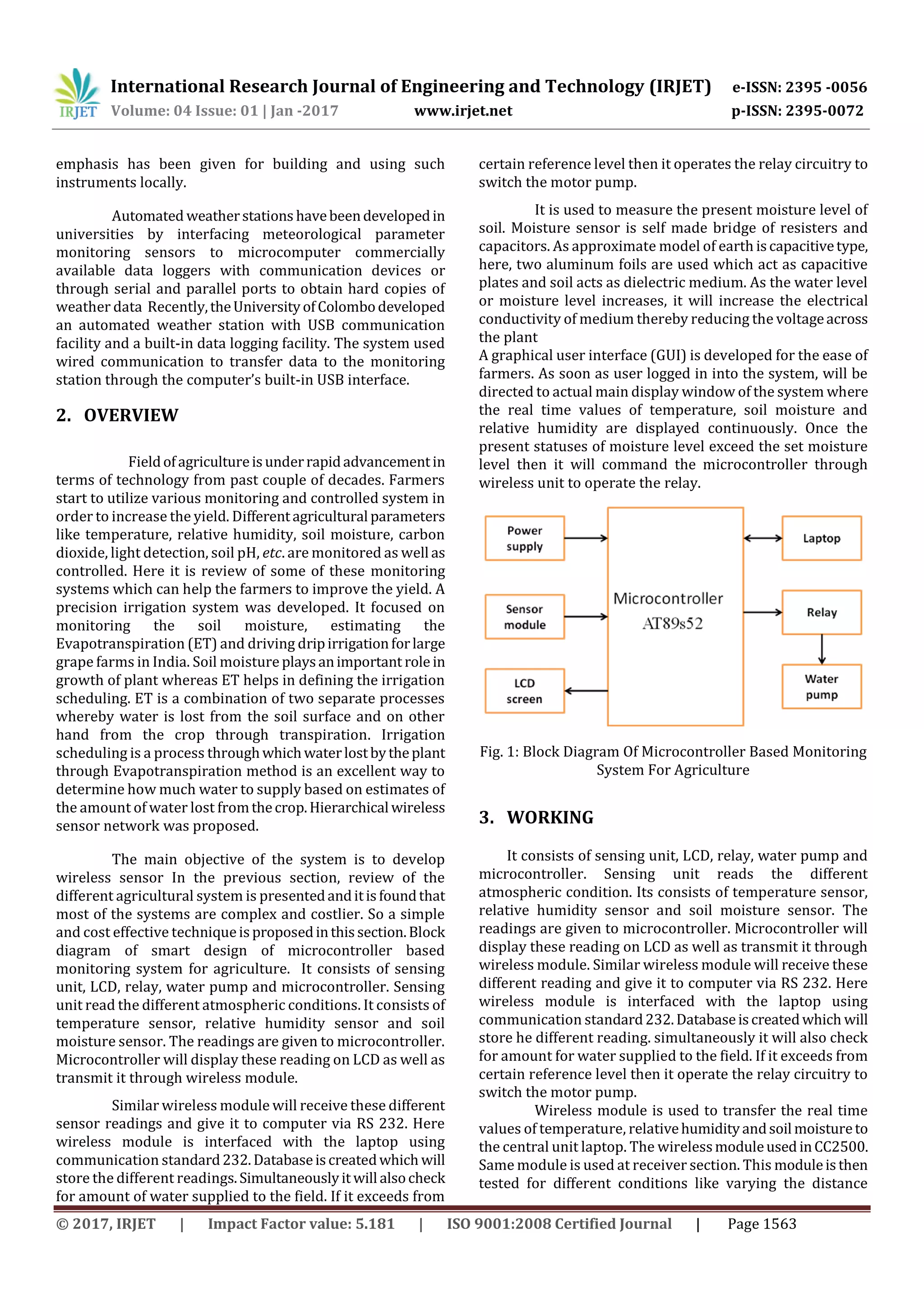 Review on microcontroller based monitoring system for agriculture | PDF