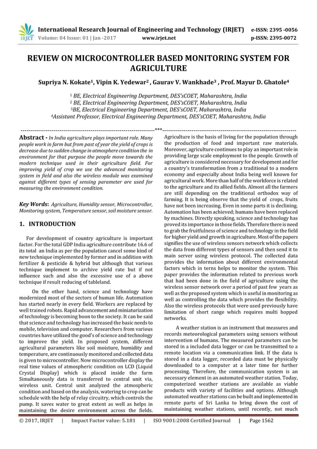 Review on microcontroller based monitoring system for agriculture | PDF