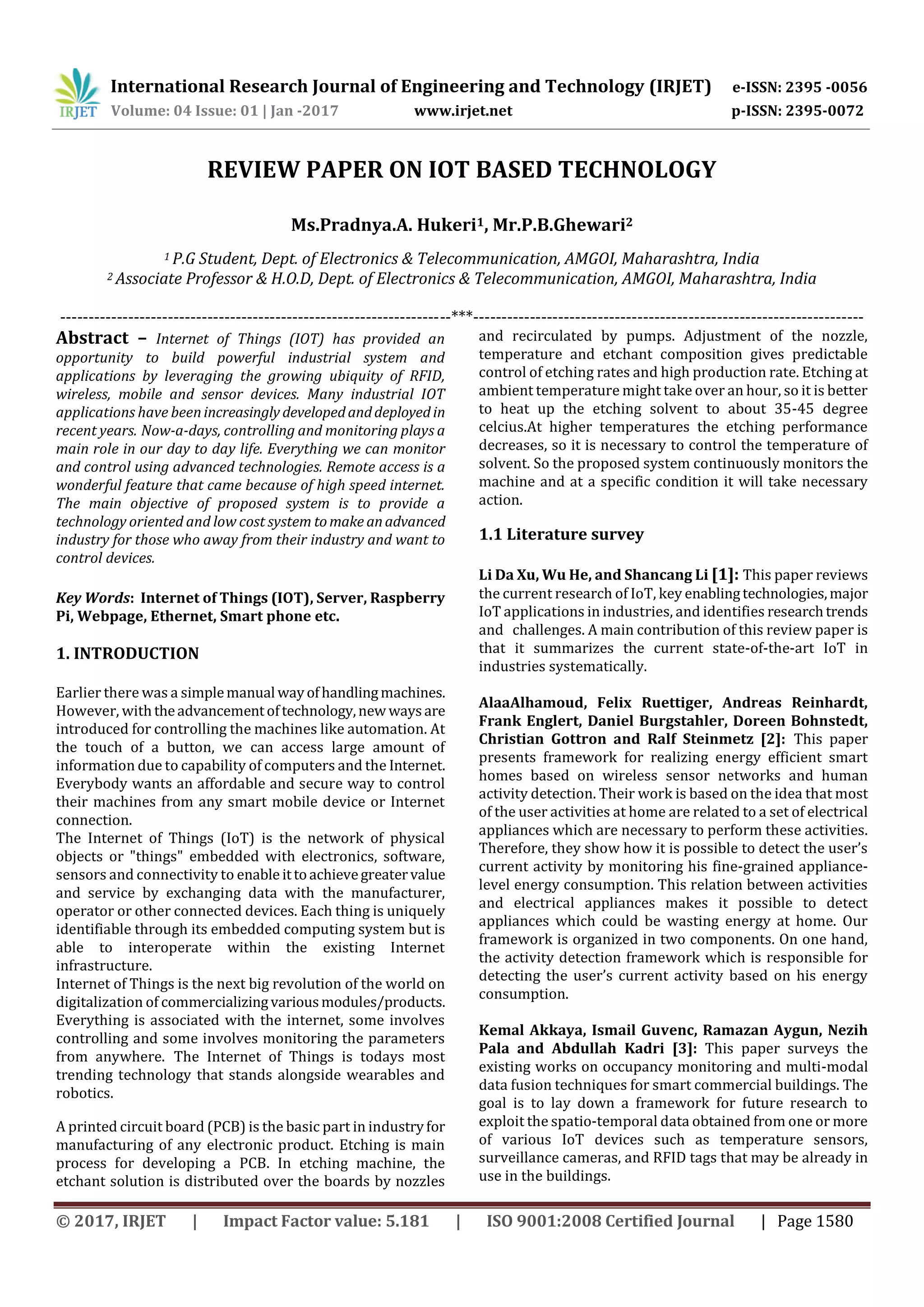 Review paper on IoT based technology | PDF