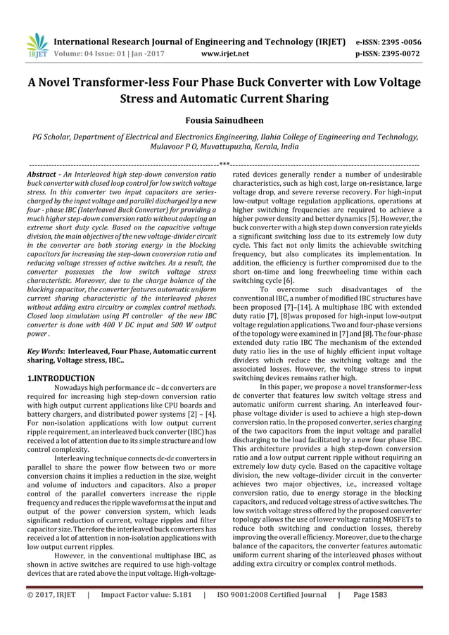 A novel transformer-less four phase buck converter with low voltage stress and automatic current ...