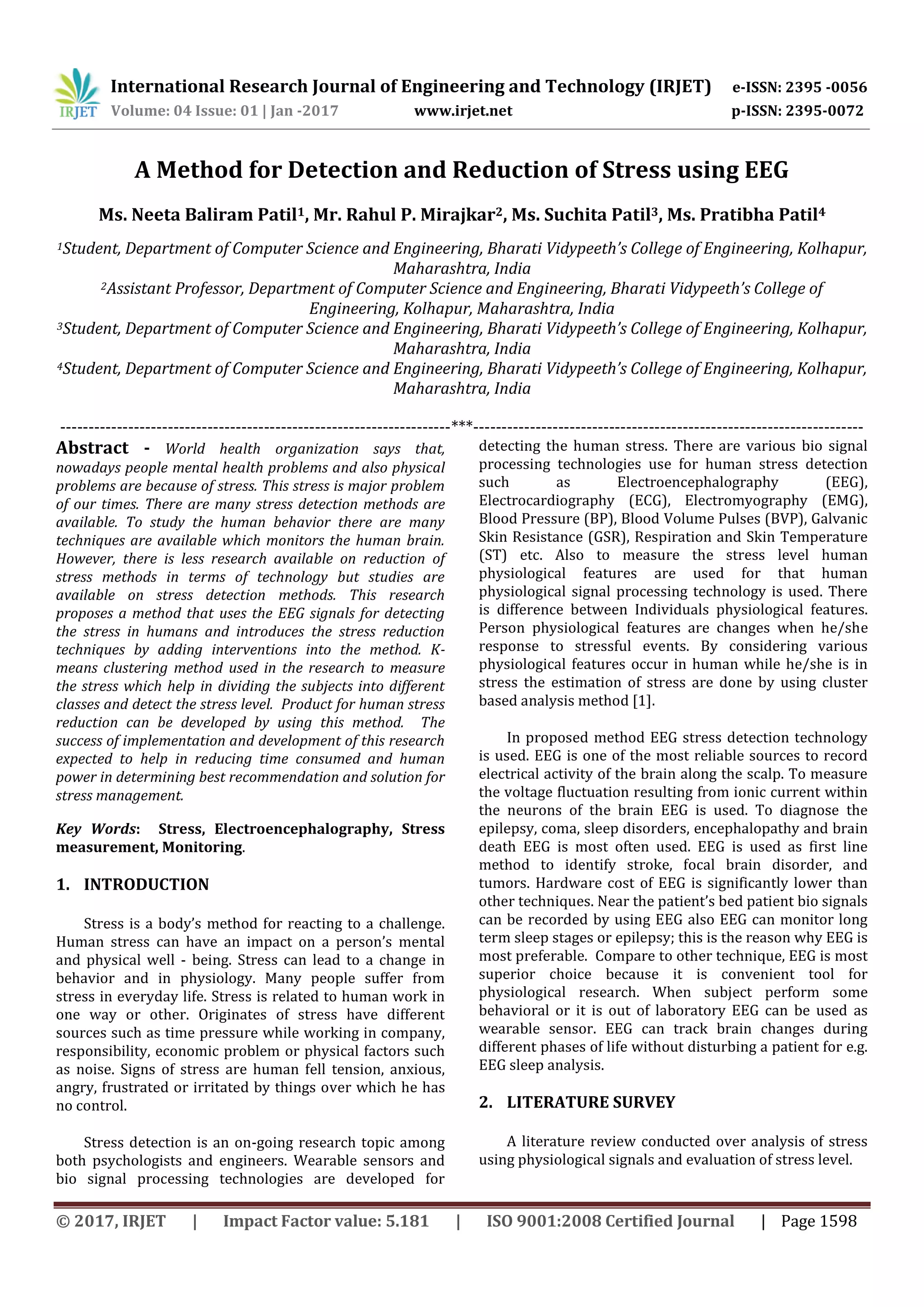 A Method For Detection And Reduction Of Stress Using Eeg Pdf