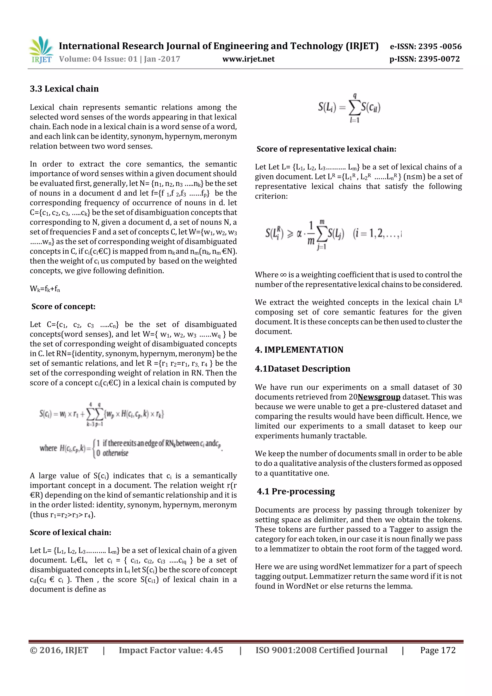 Semantic Based Document Clustering Using Lexical Chains | PDF