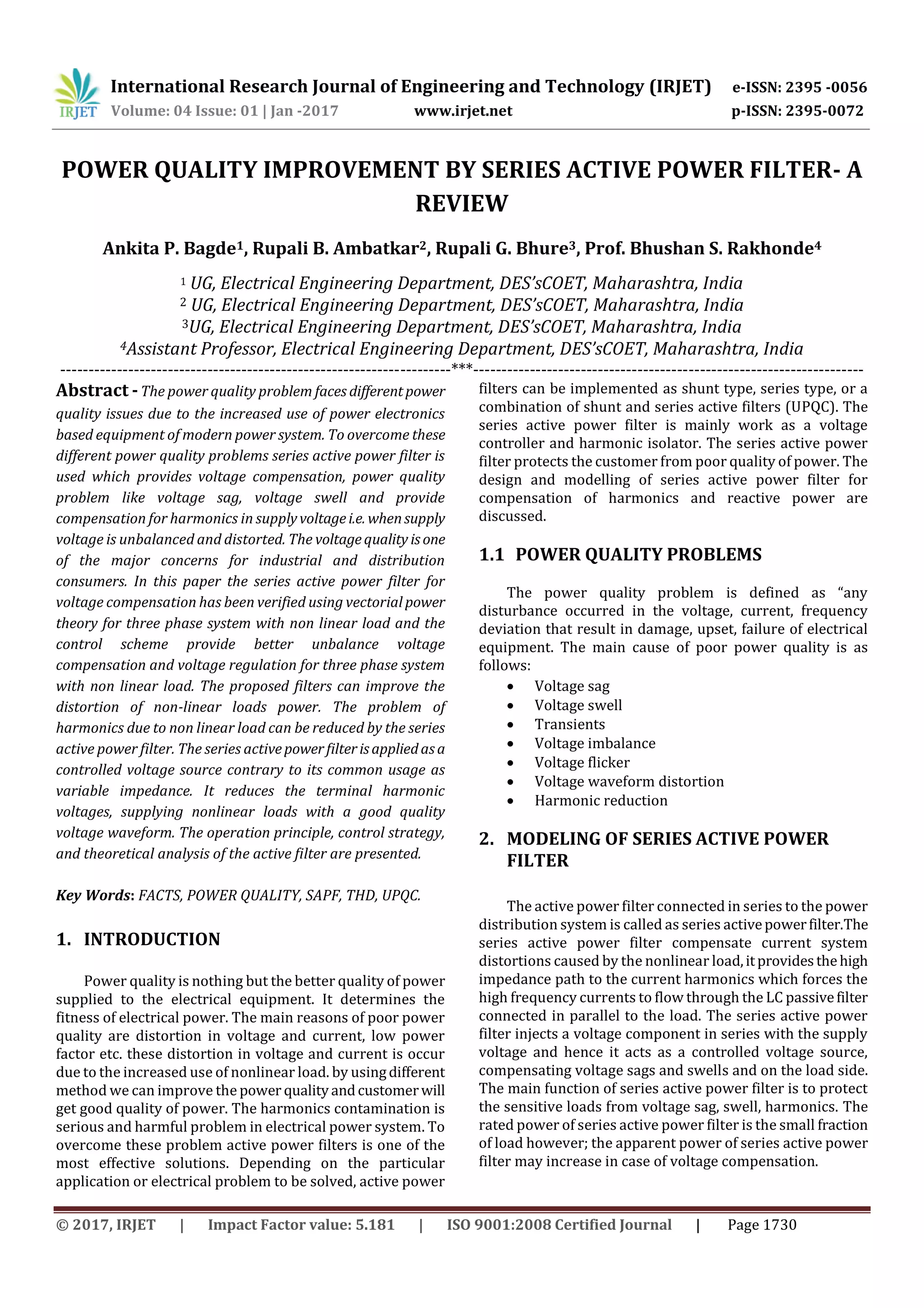 Power quality improvement by series active power filter- a review | PDF