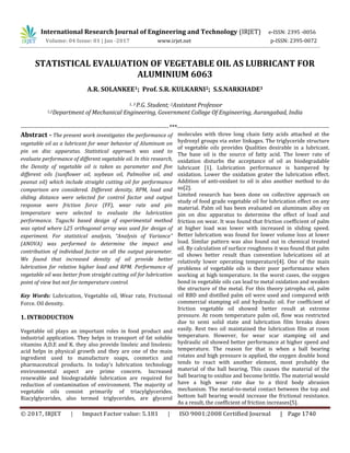 Statistical evaluation of vegetable oils as lubricants for aluminum ...