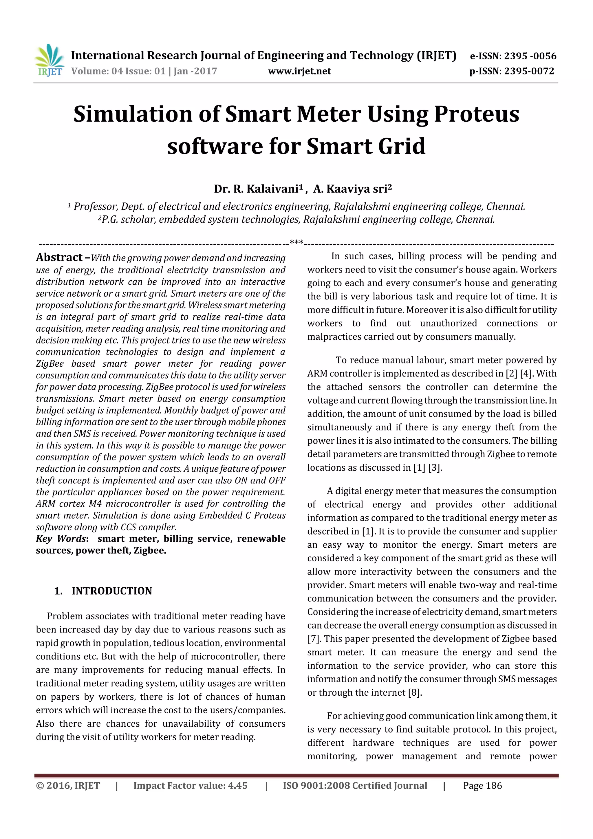 IRJET-Simulation of Smart Meter Using Proteus software for Smart Grid | PDF