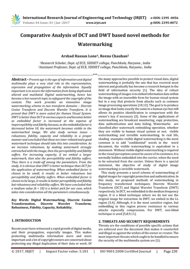 IRJET-Comparative Analysis of DCT and DWT based novel methods for ...