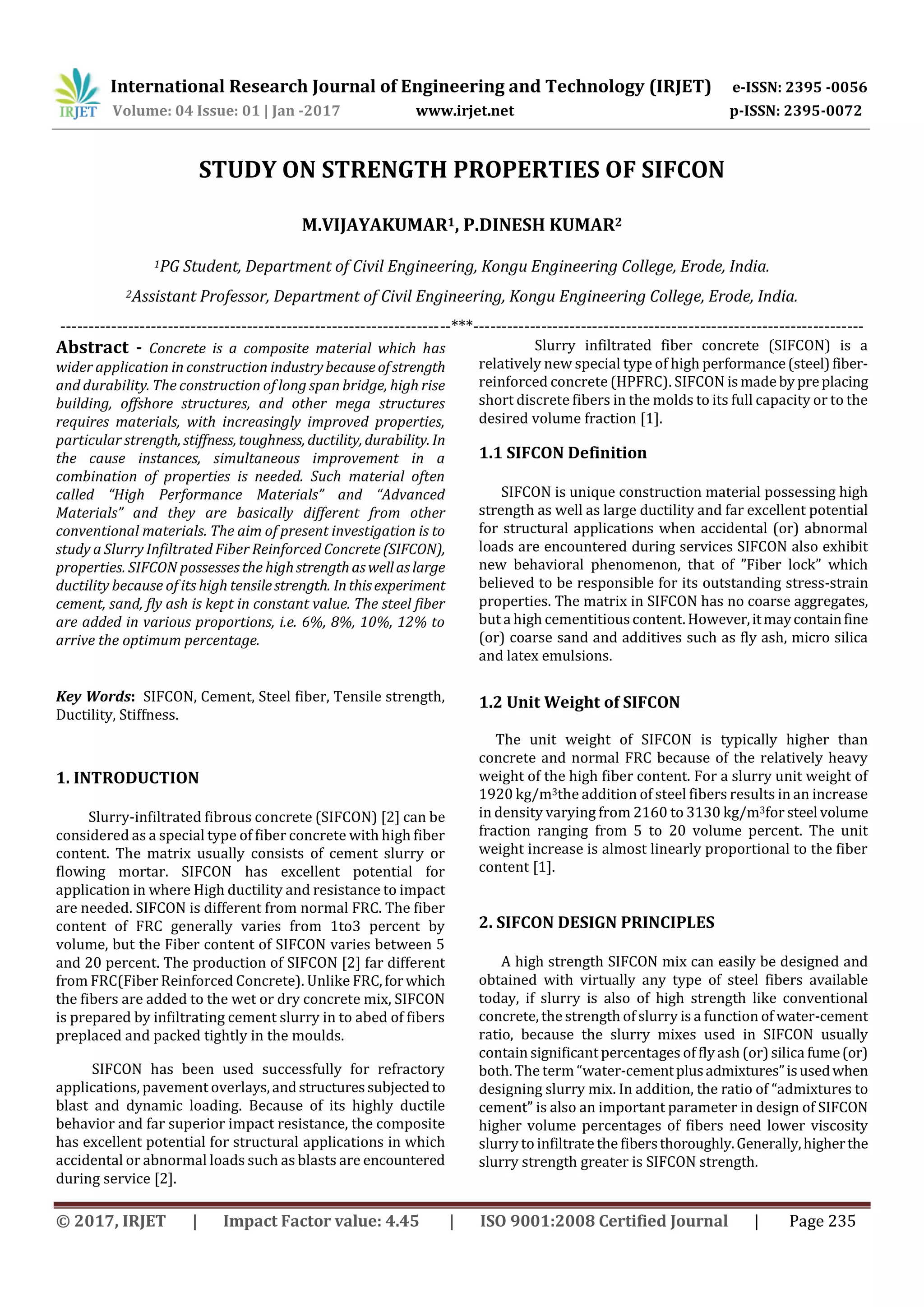 IRJET-Study on Strength Properties of Sifcon | PDF