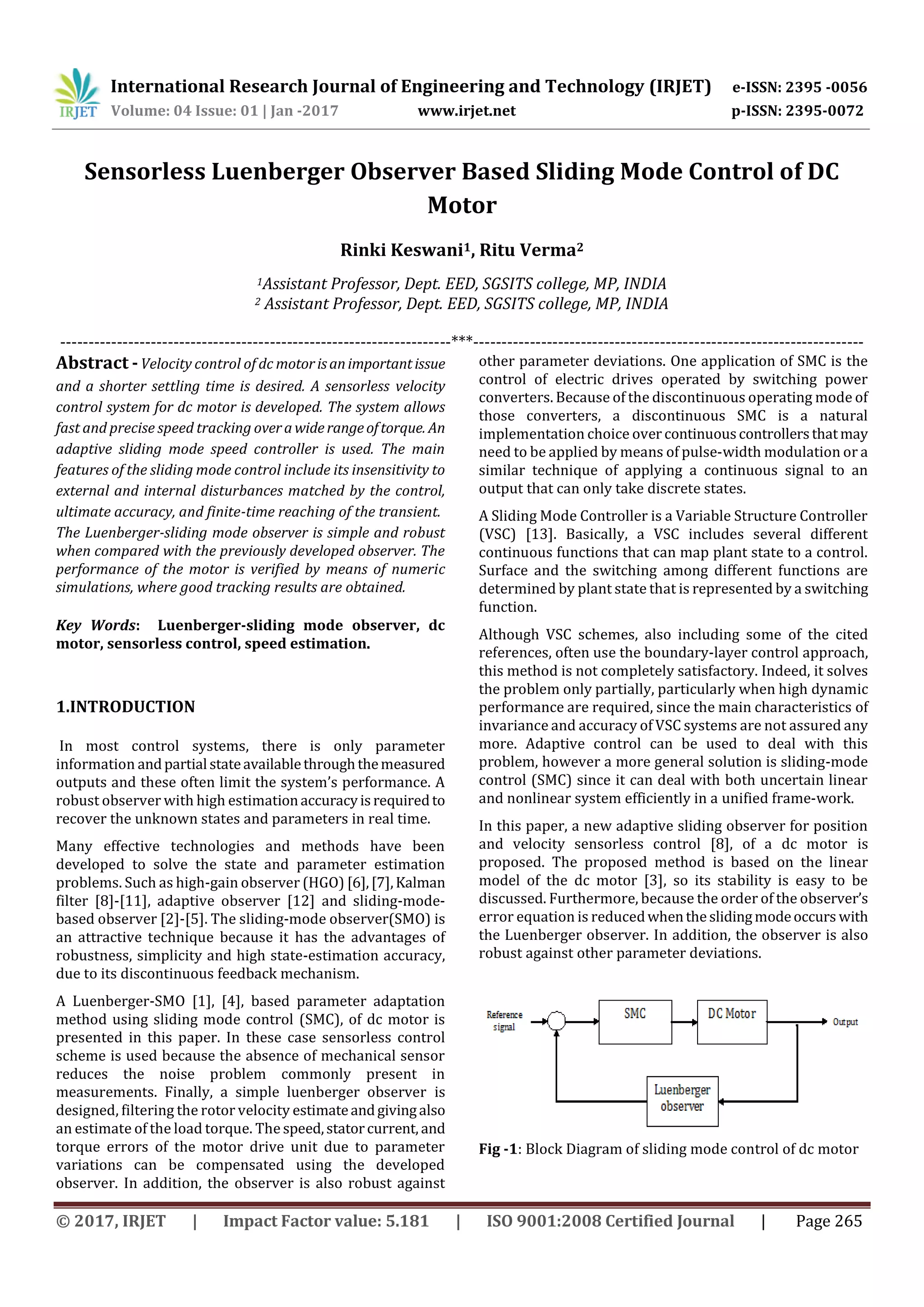 IRJET- Sensrless Luenberger Observer Based Sliding Mode Control of DC Motor | PDF