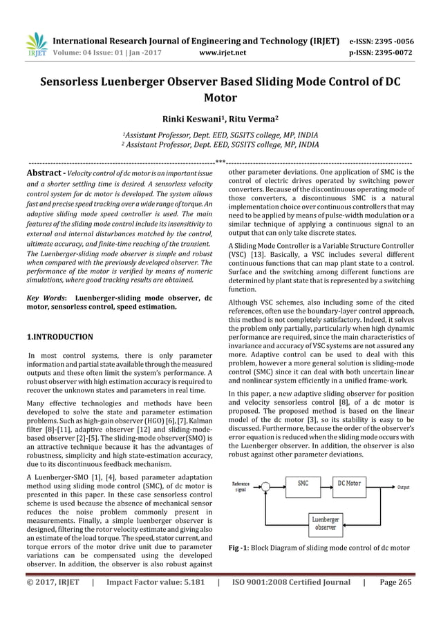 IRJET- Sensrless Luenberger Observer Based Sliding Mode Control of DC Motor | PDF