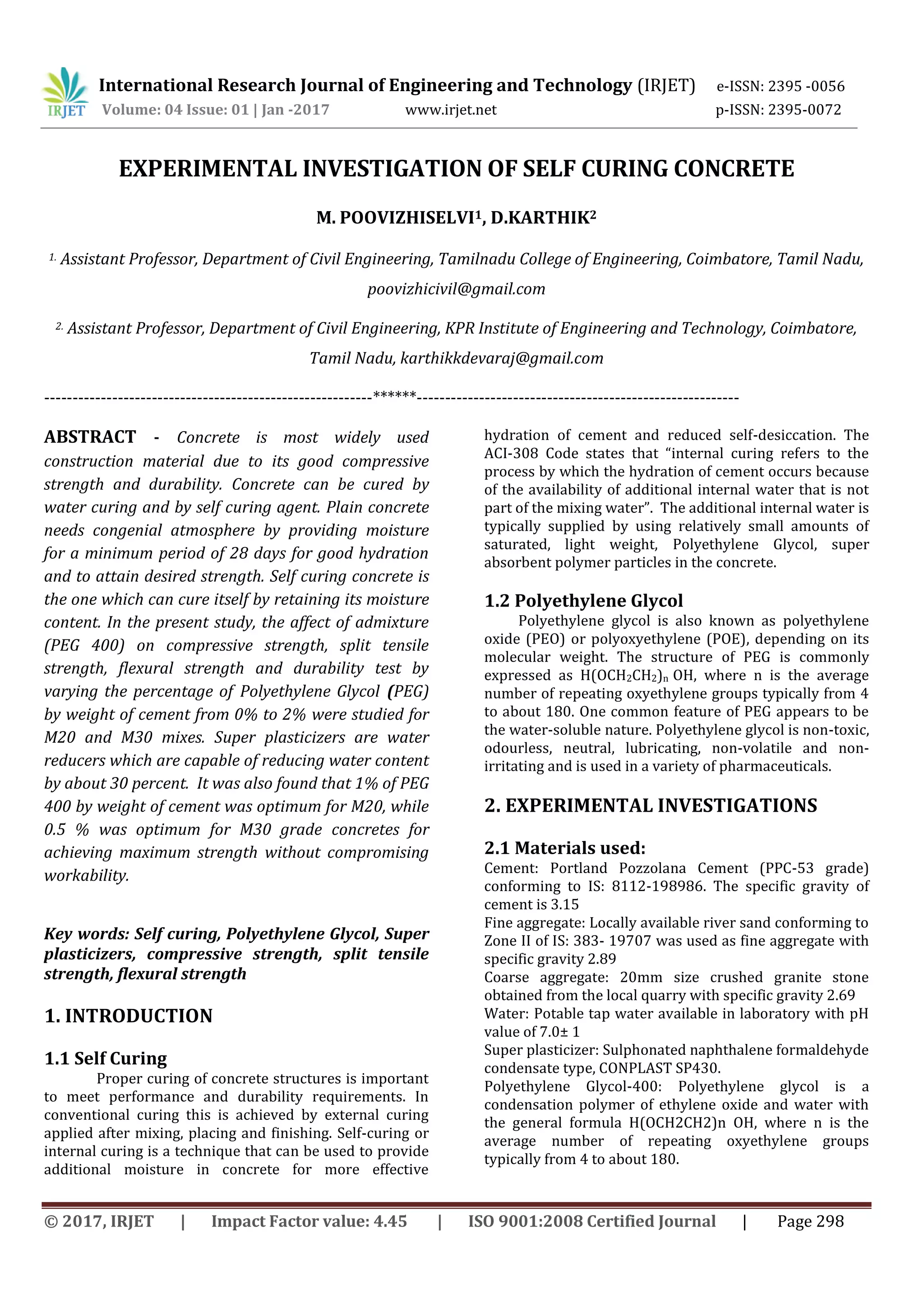 Experimental Investigation Of Self Curing Concrete | PDF