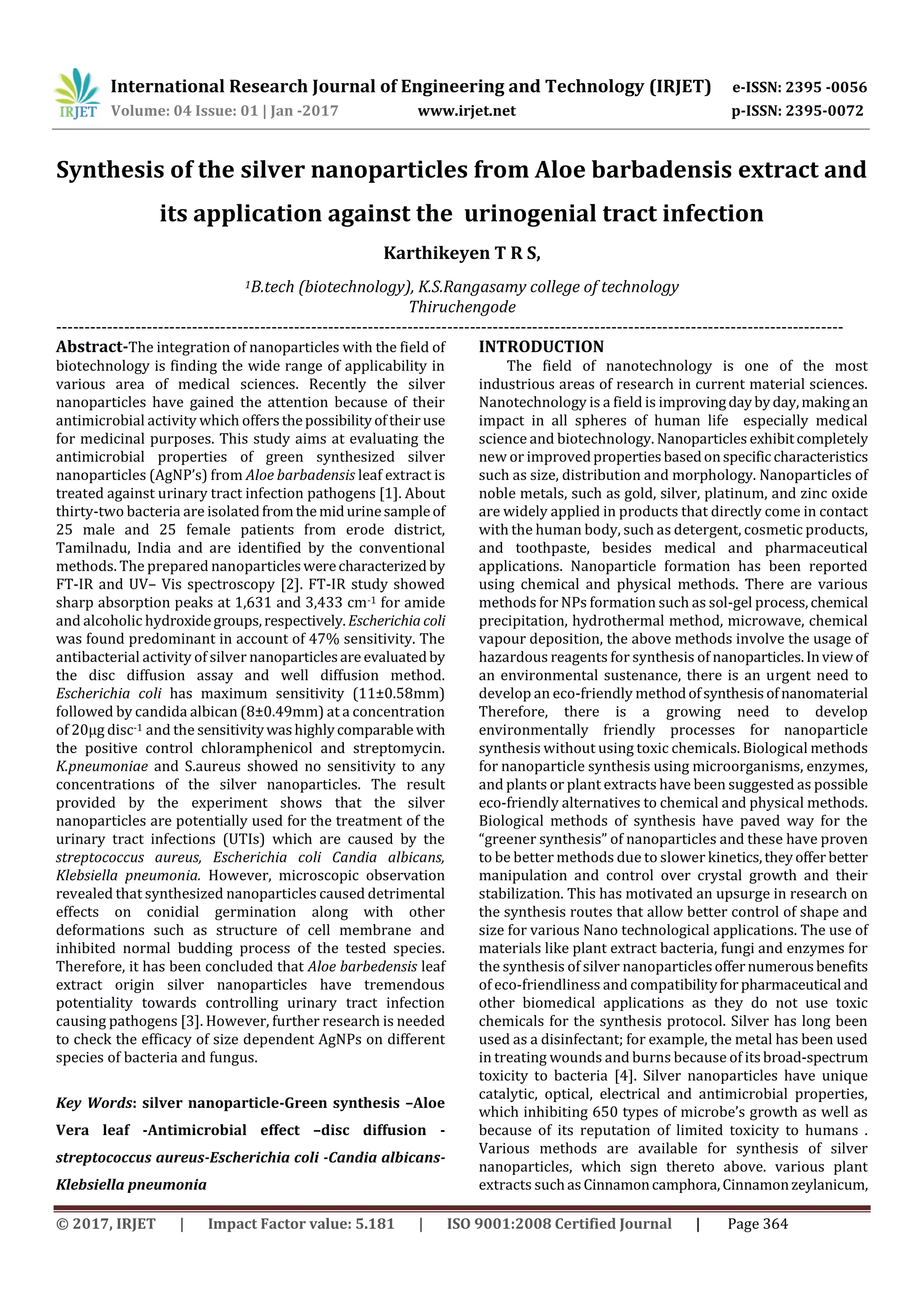 Synthesis of the silver nanoparticles from Aloe barbadensis extract and its application against ...