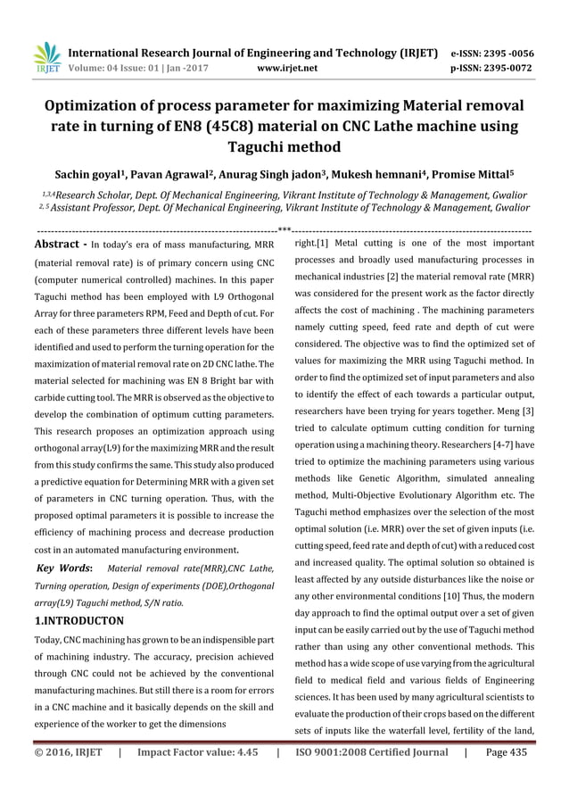 Optimization Of Process Parameter For Maximizing Material Removal Rate