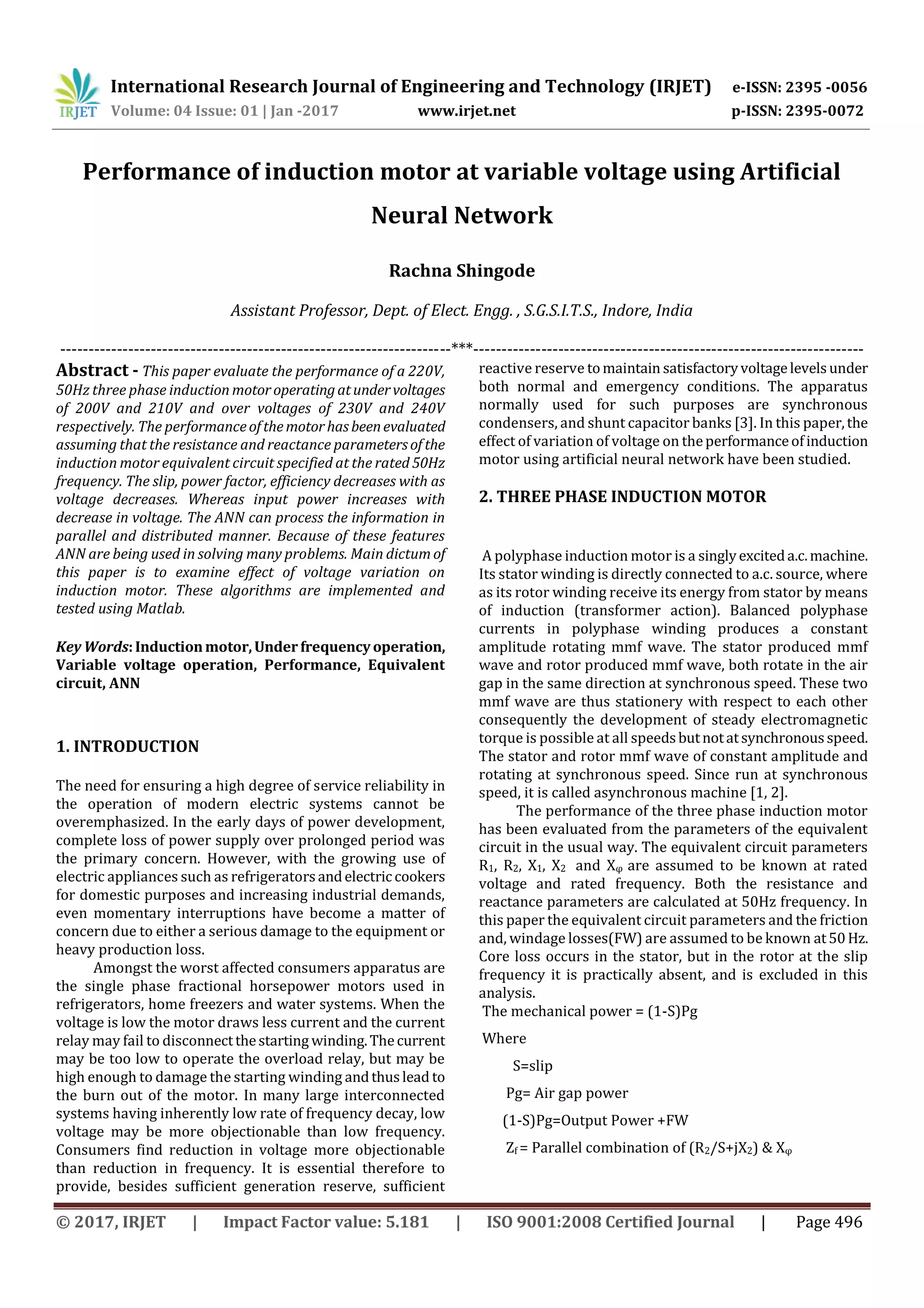 Performance Of Induction Motor At Variable Voltage Using Artificial