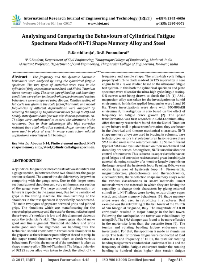 Analysing and Comparing the Behaviours of Cylindrical Fatigue Specimens Made of Ni-Ti Shape ...