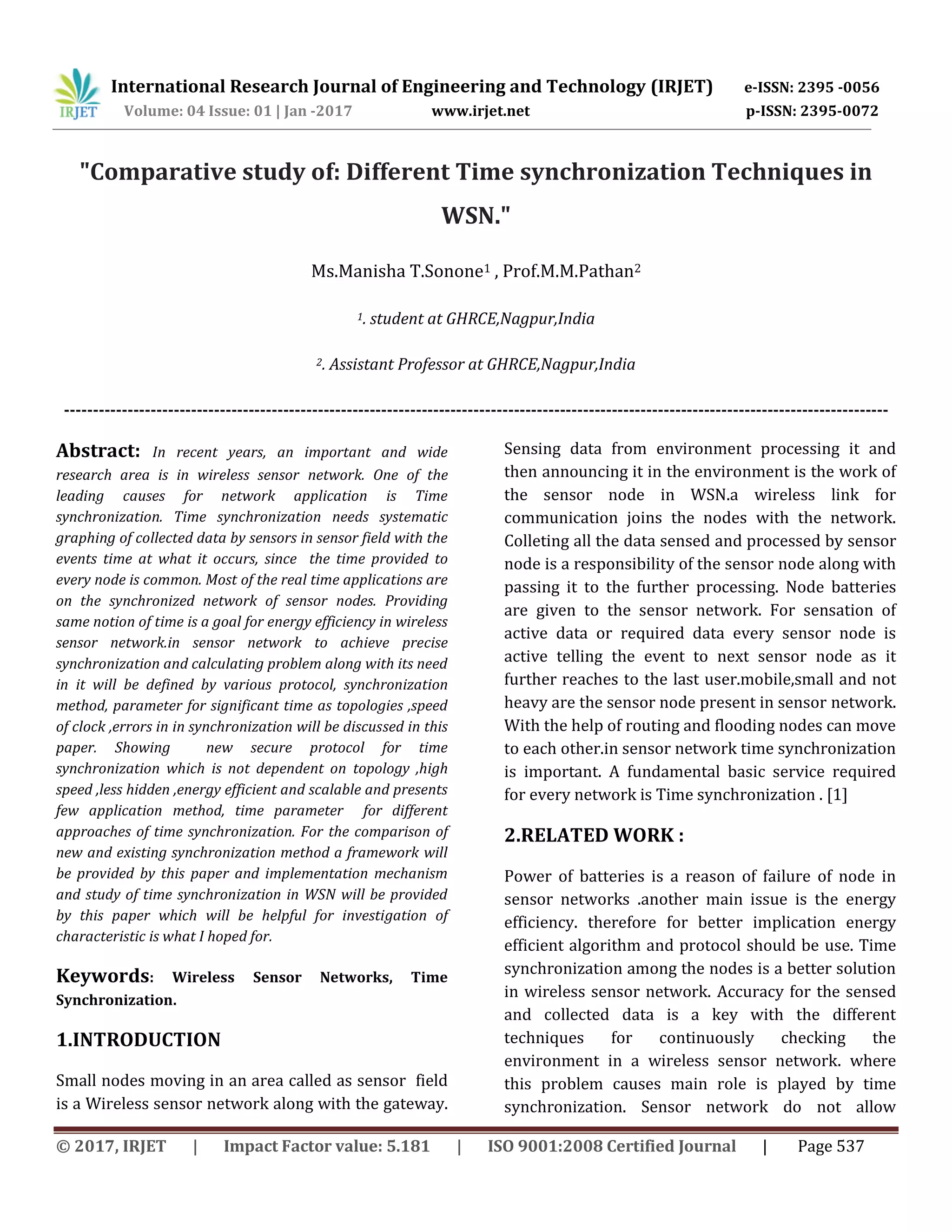 Comparative study of Different Time synchronization Techniques in WSN | PDF | Internet of Things ...